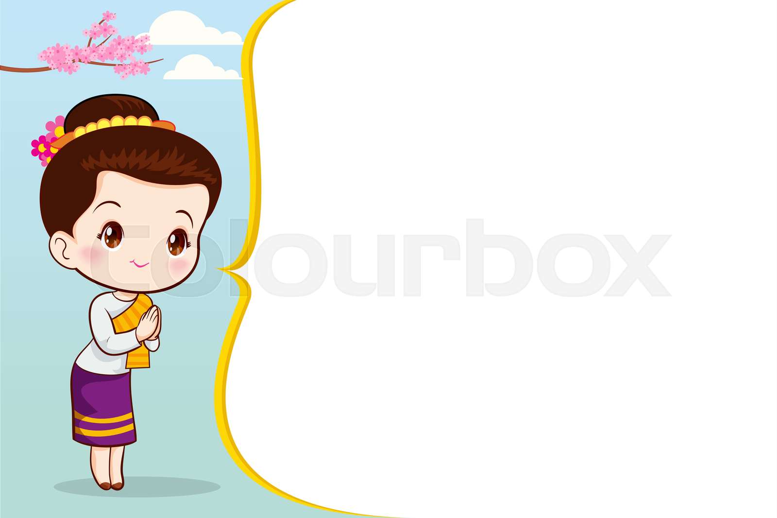 Thai cartoon character in traditional costume presenter Sawasdee and ...