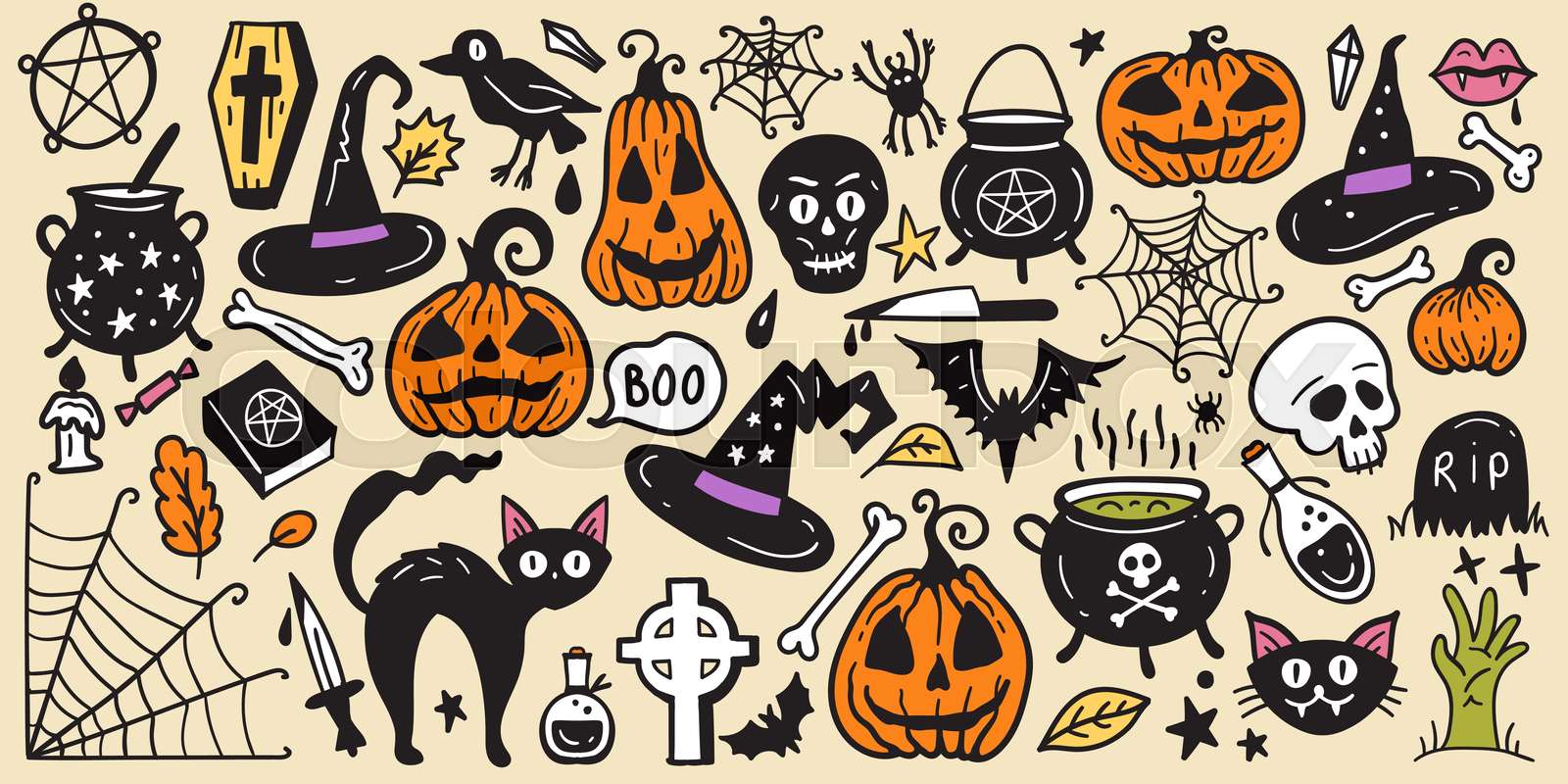 Bright collection of Halloween sticker sketch set. Big set of hand ...