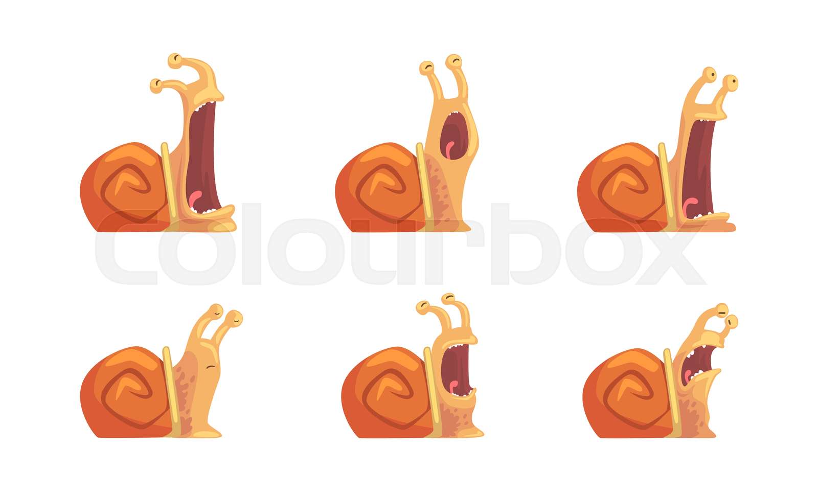 Emotions of funny snail set. Brown helix screaming, yawning and ...