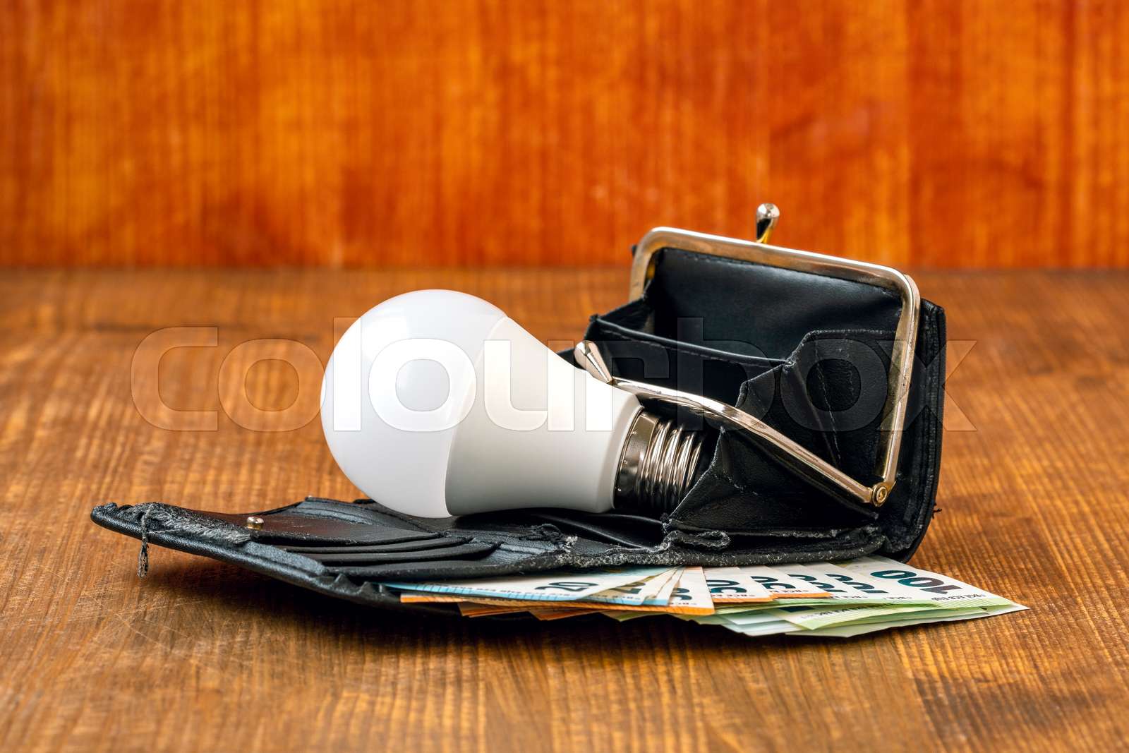 Light bulb with money in a wallet | Stock image | Colourbox