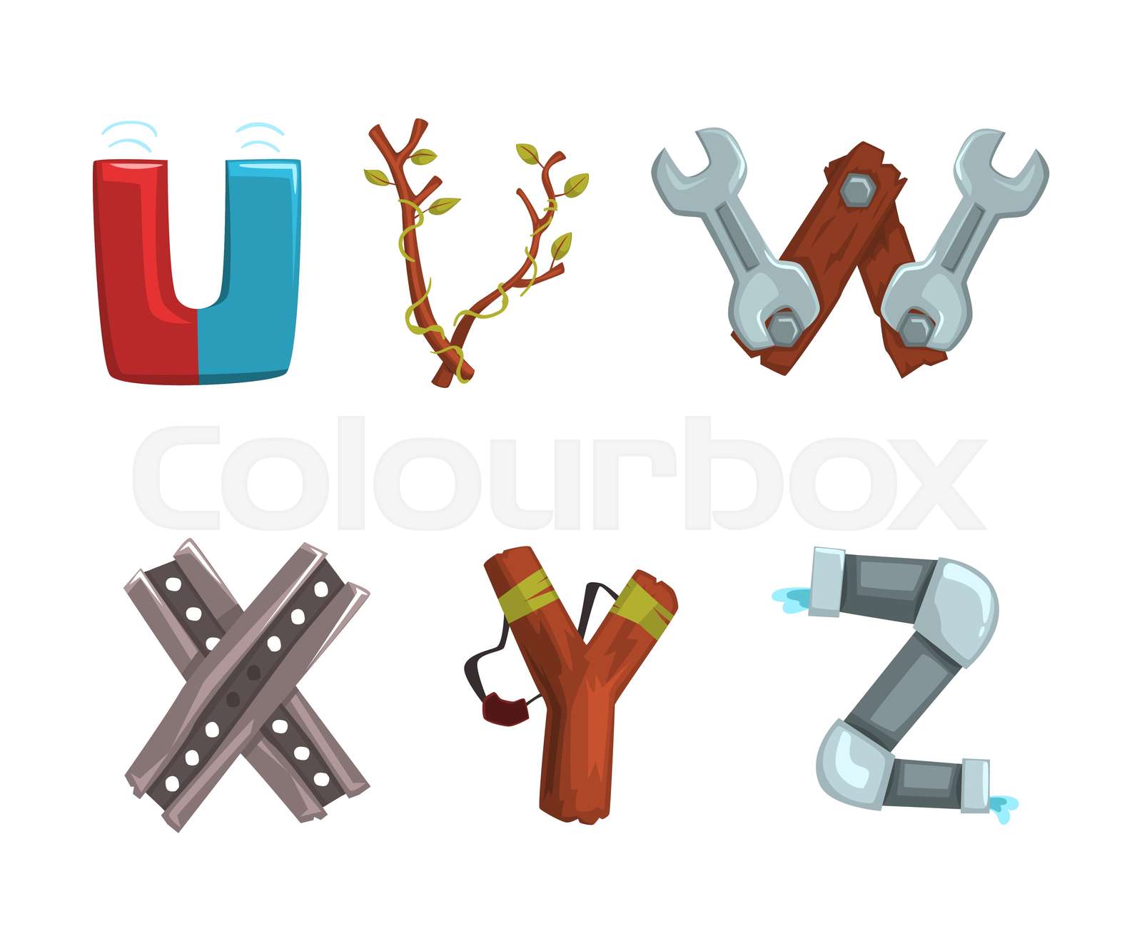 Alphabet with various objects. U,V,W,X,Y,Z creative cartoon letters ...