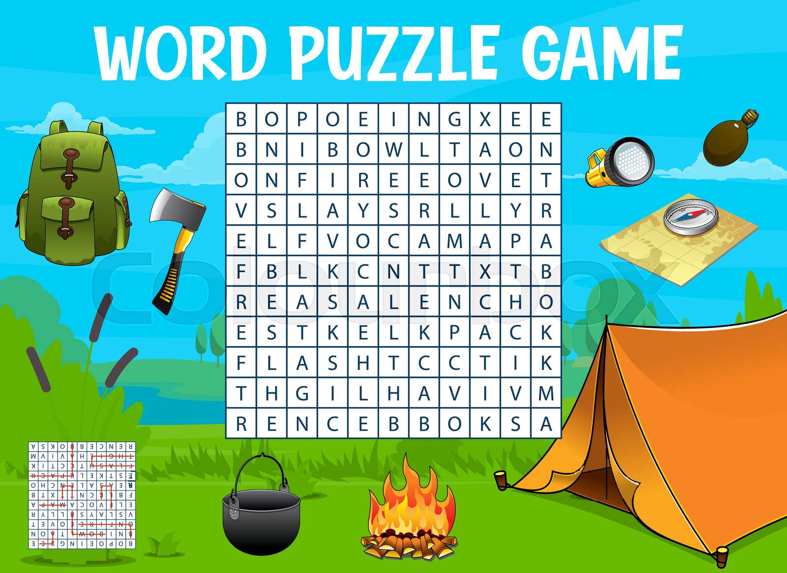 Camping travel word search puzzle game worksheet | Stock vector | Colourbox