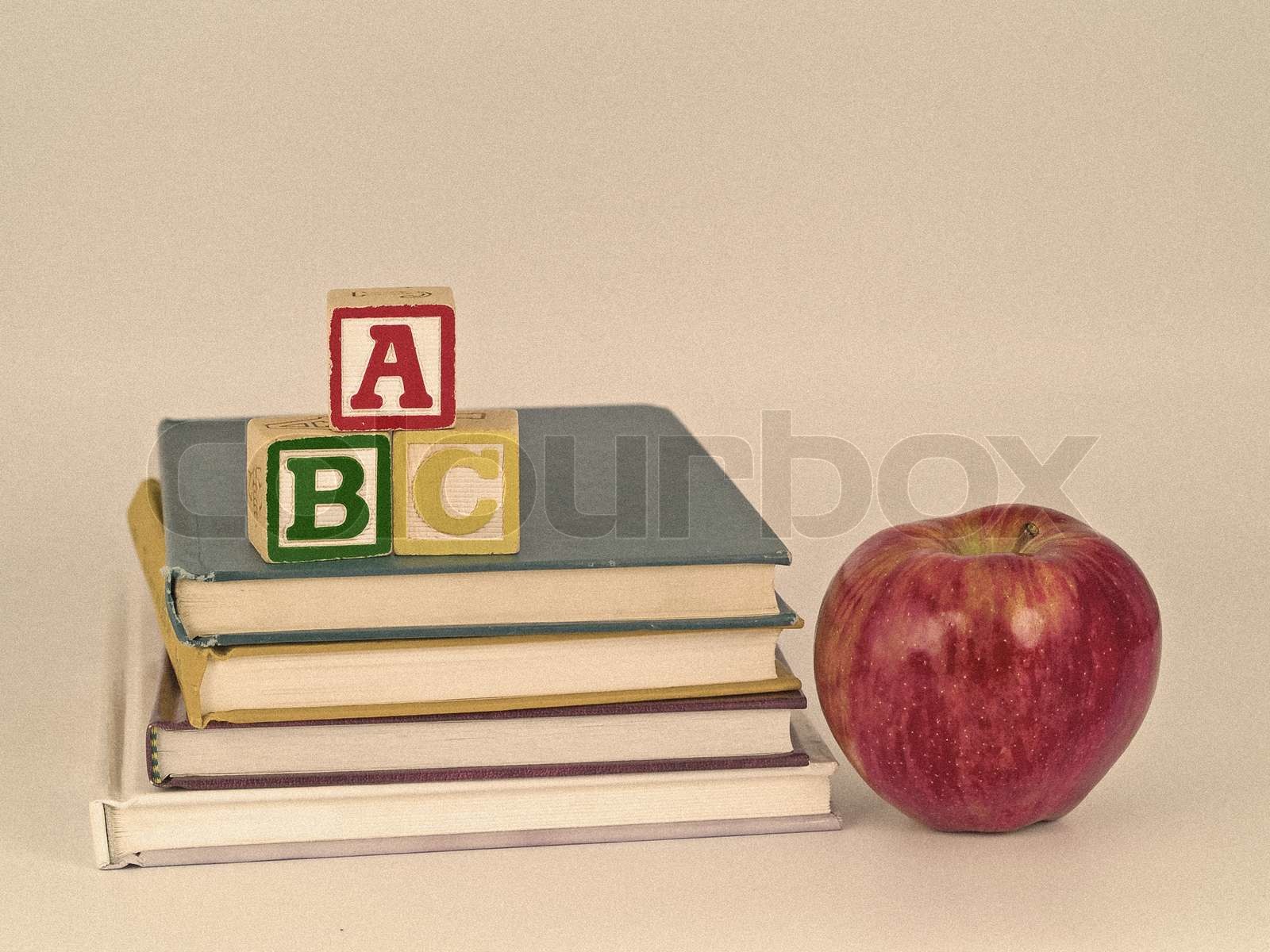 ABC Blocks and Apple on Children's Books Sepia Style | Stock image ...
