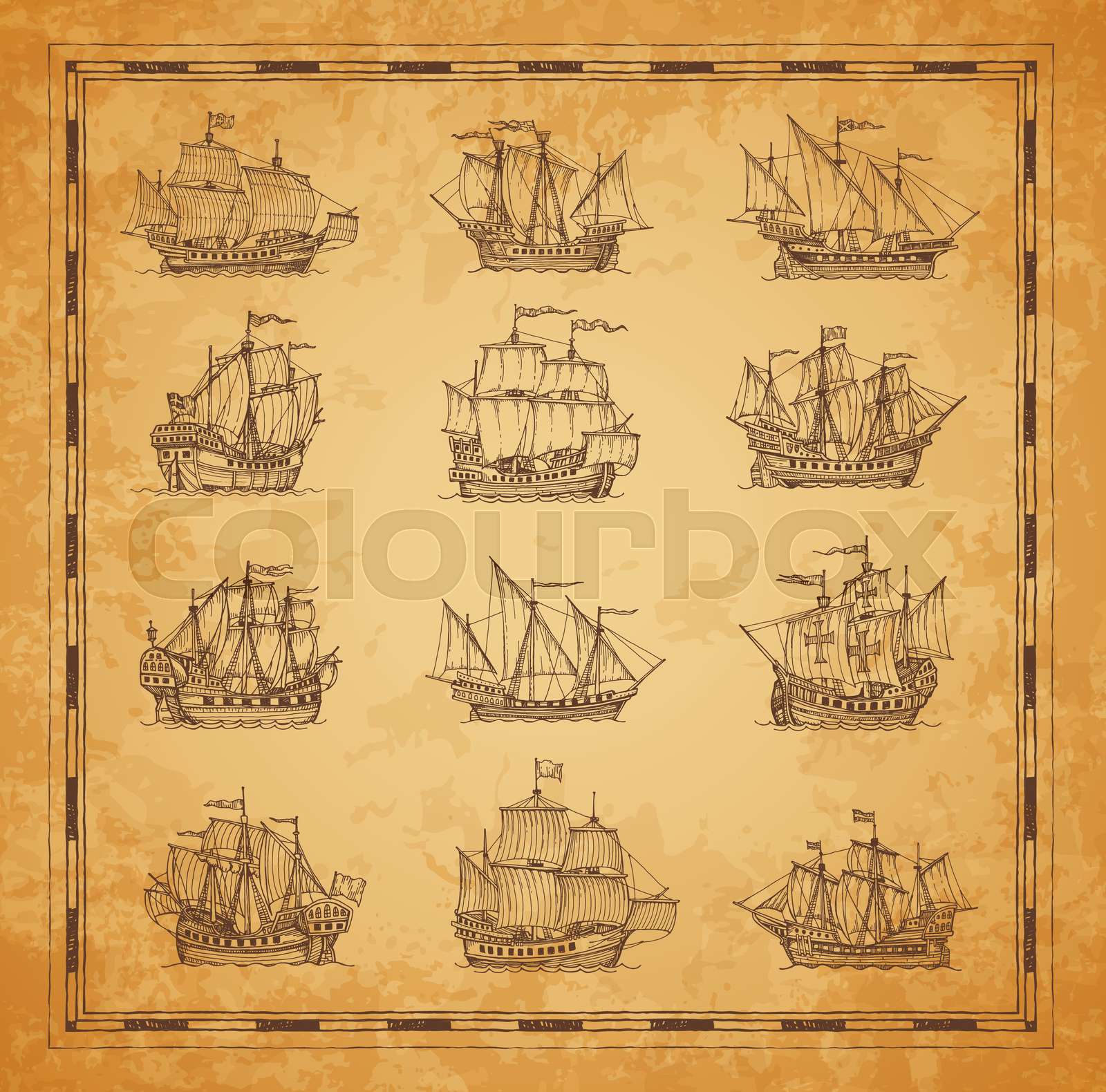 Sail ship, sailboat brigantine sketch, vintage map | Stock vector ...