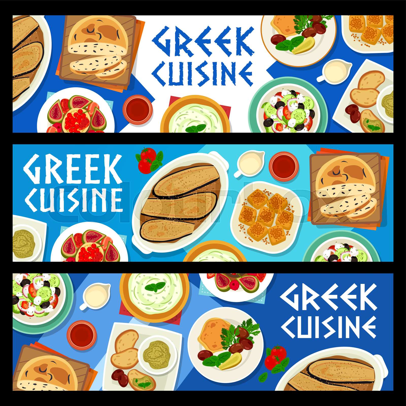Greek cuisine restaurant meals vector banners | Stock vector | Colourbox