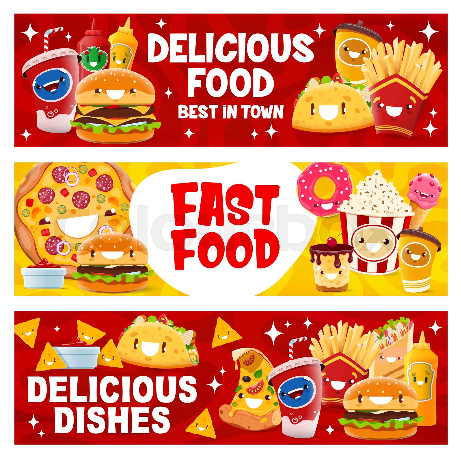 Cartoon takeaway fast food characters banners | Stock vector | Colourbox