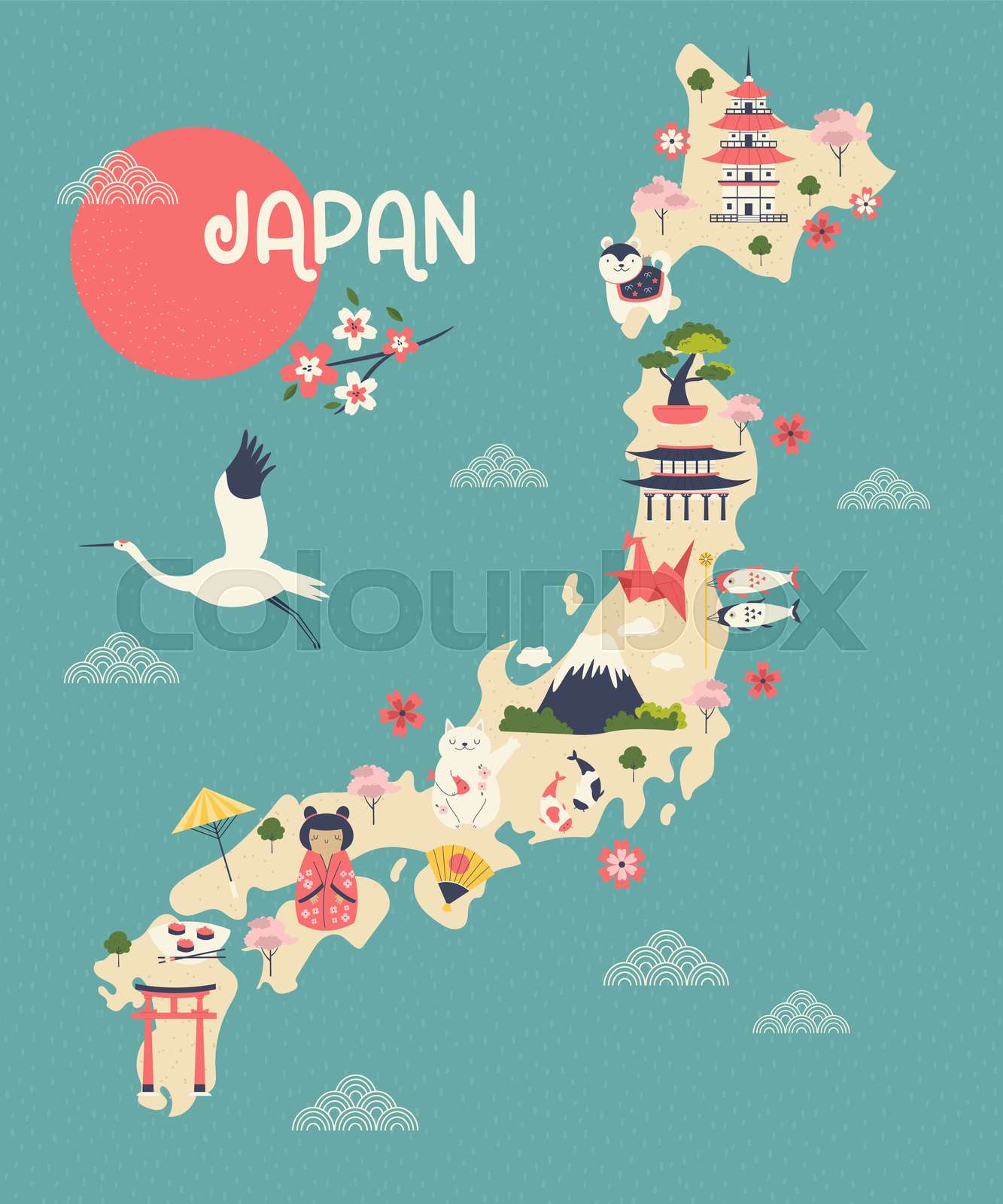 Illustrated Map Of Japan With Famous Symbols And Landmarks Suitable Illustrated Map Of Japan With Famous Symbols And Landmarks Suitable