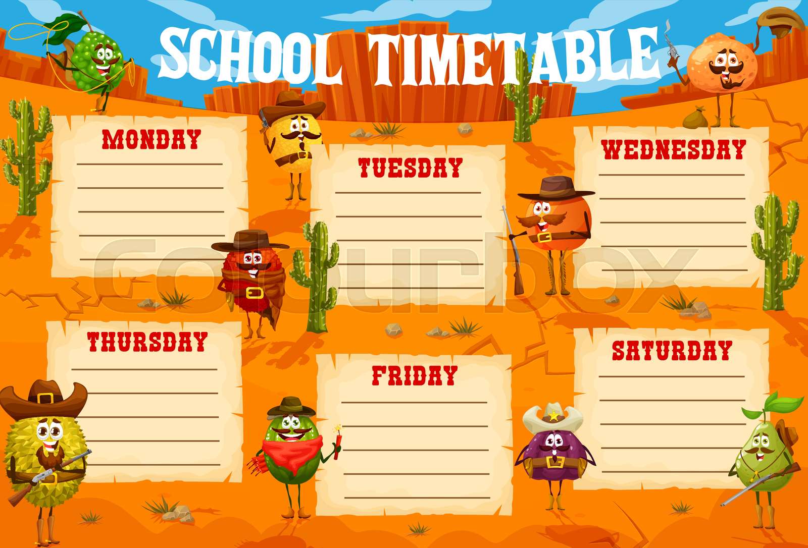 School timetable schedule with cowboy fruits | Stock vector | Colourbox