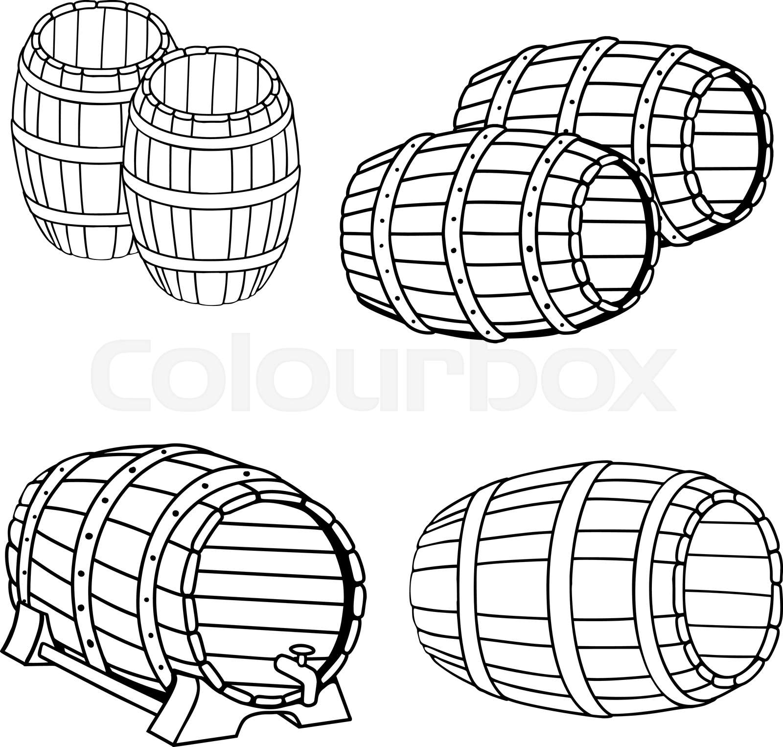 Set of illustrations of wooden barrel of beer in engraving style ...