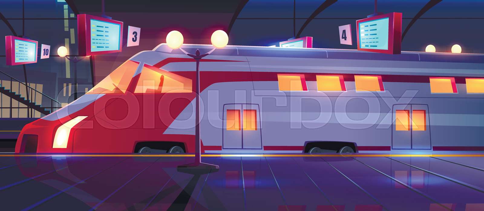Railway station with high speed train at night | Stock vector | Colourbox