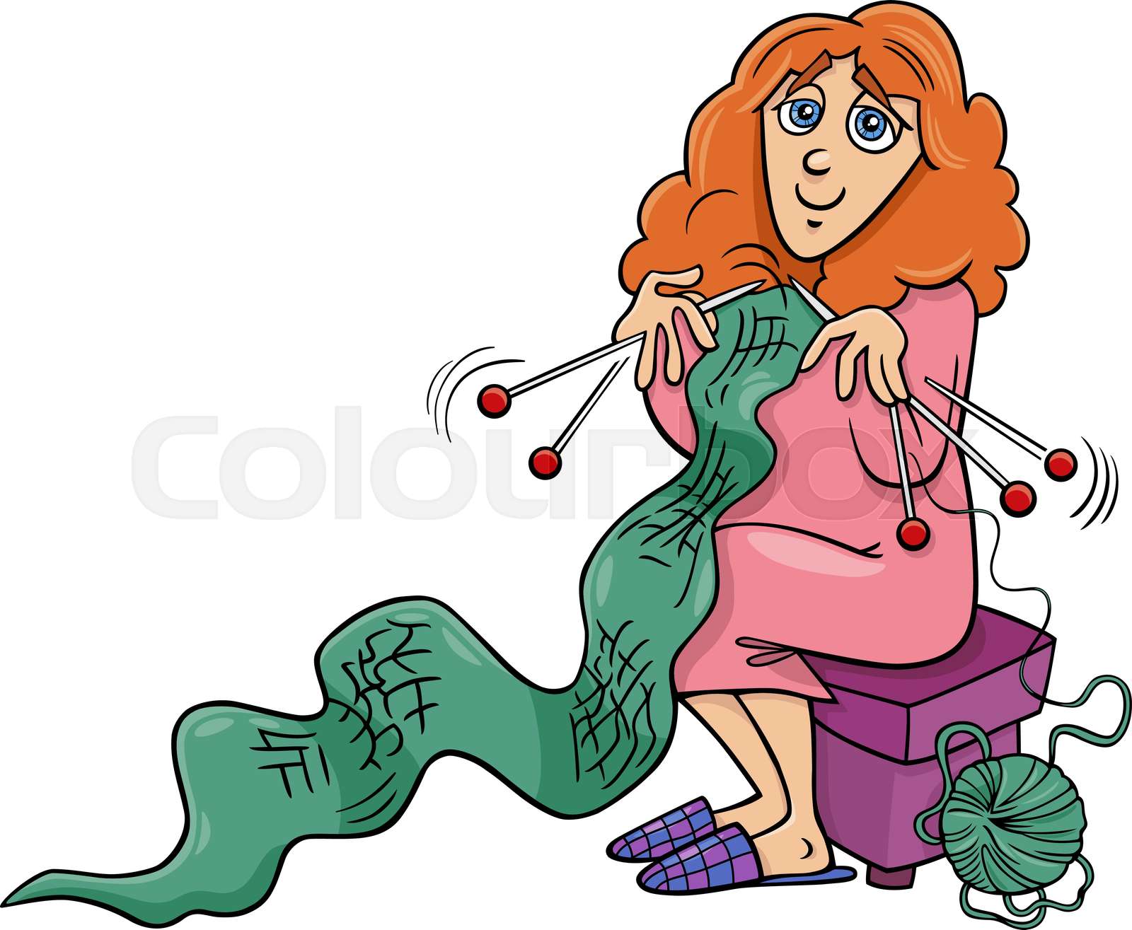 cartoon woman character knitting a scarf | Stock vector | Colourbox