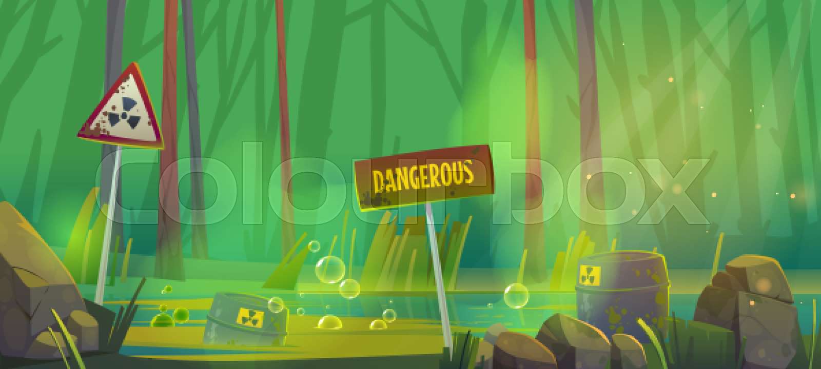 Stench dirty swamp with toxic waste barrels | Stock vector | Colourbox