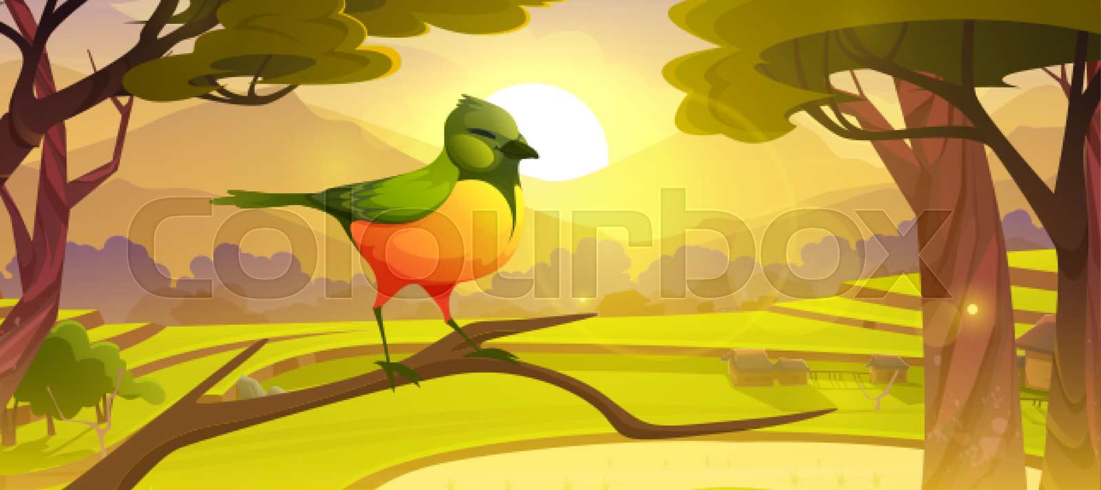 Cartoon bird sitting on tree branch, cute birdie - Stock Image - Everypixel