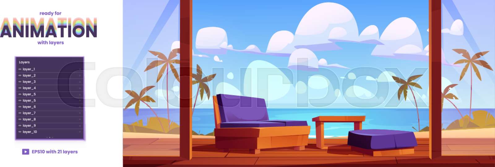 Wooden home terrace with tropical sea 2d animation | Stock vector ...