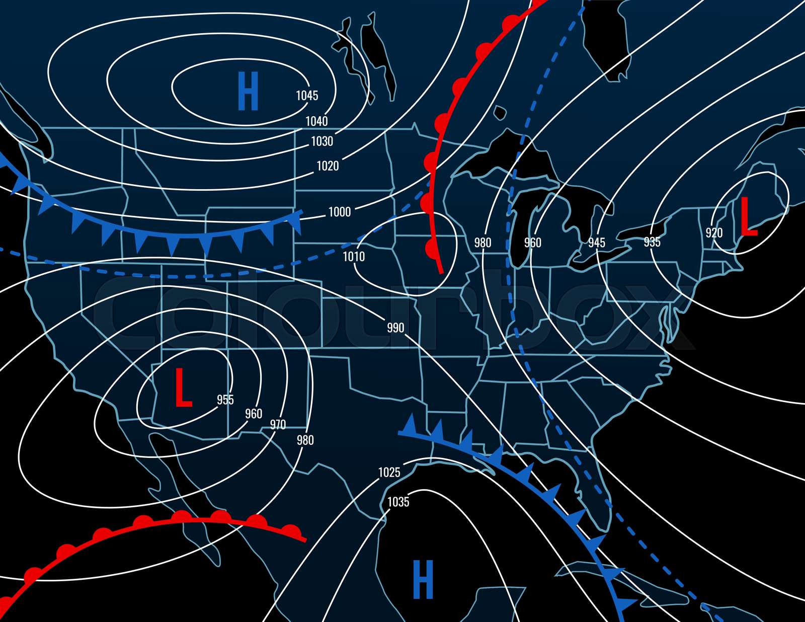 Forecast weather isobar night map of USA | Stock vector | Colourbox