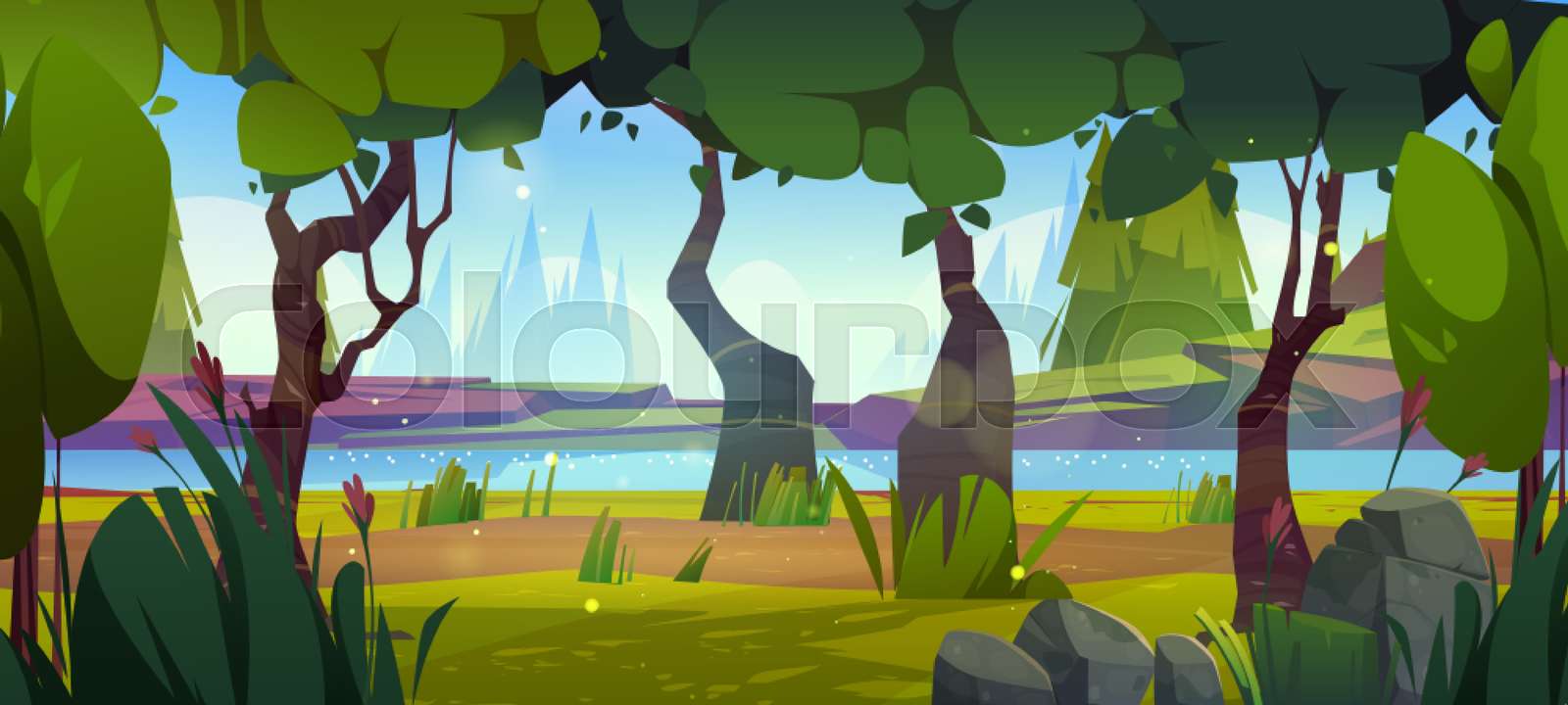 Cartoon nature landscape with forest and river | Stock vector | Colourbox
