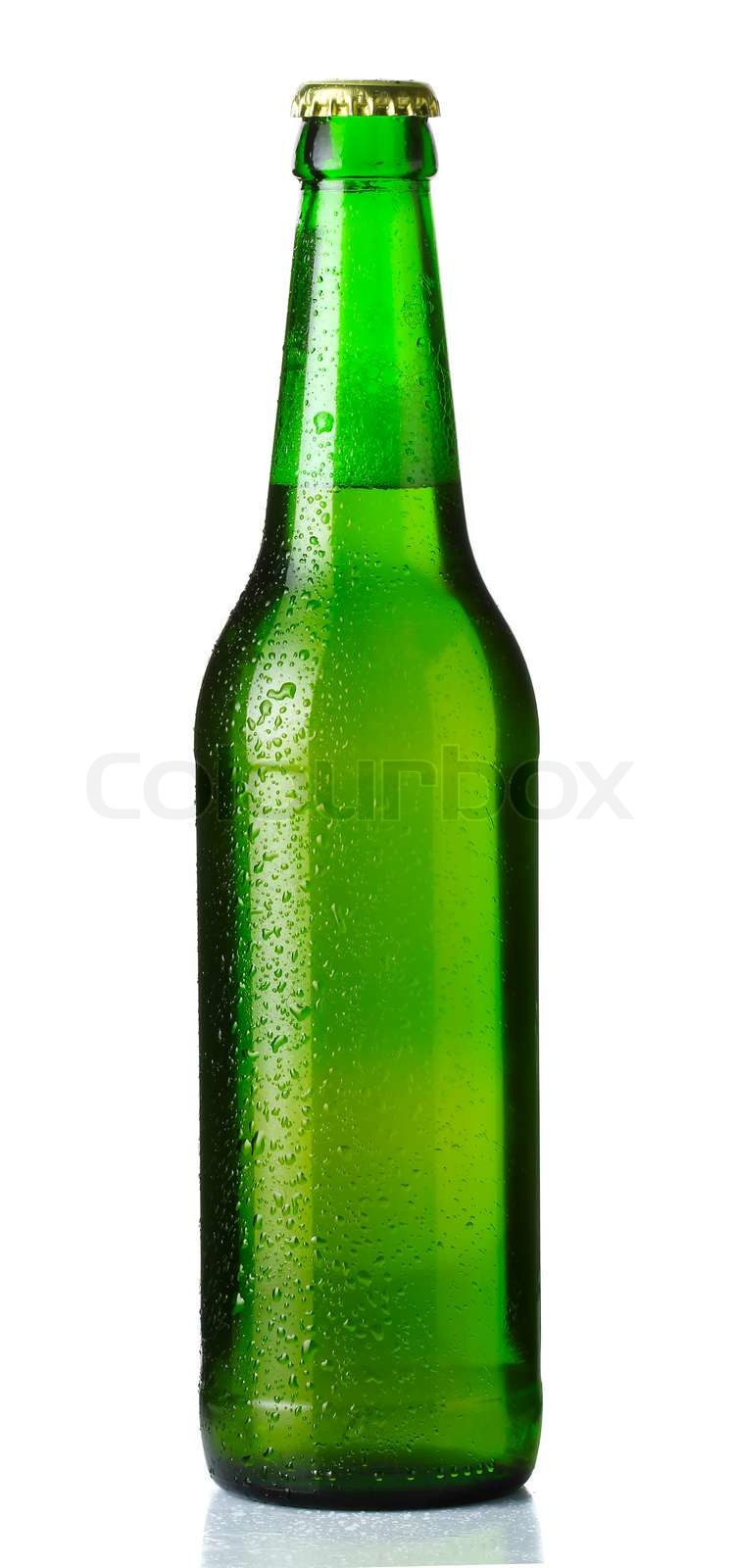 Green bottle of beer with drops on white | Stock image | Colourbox
