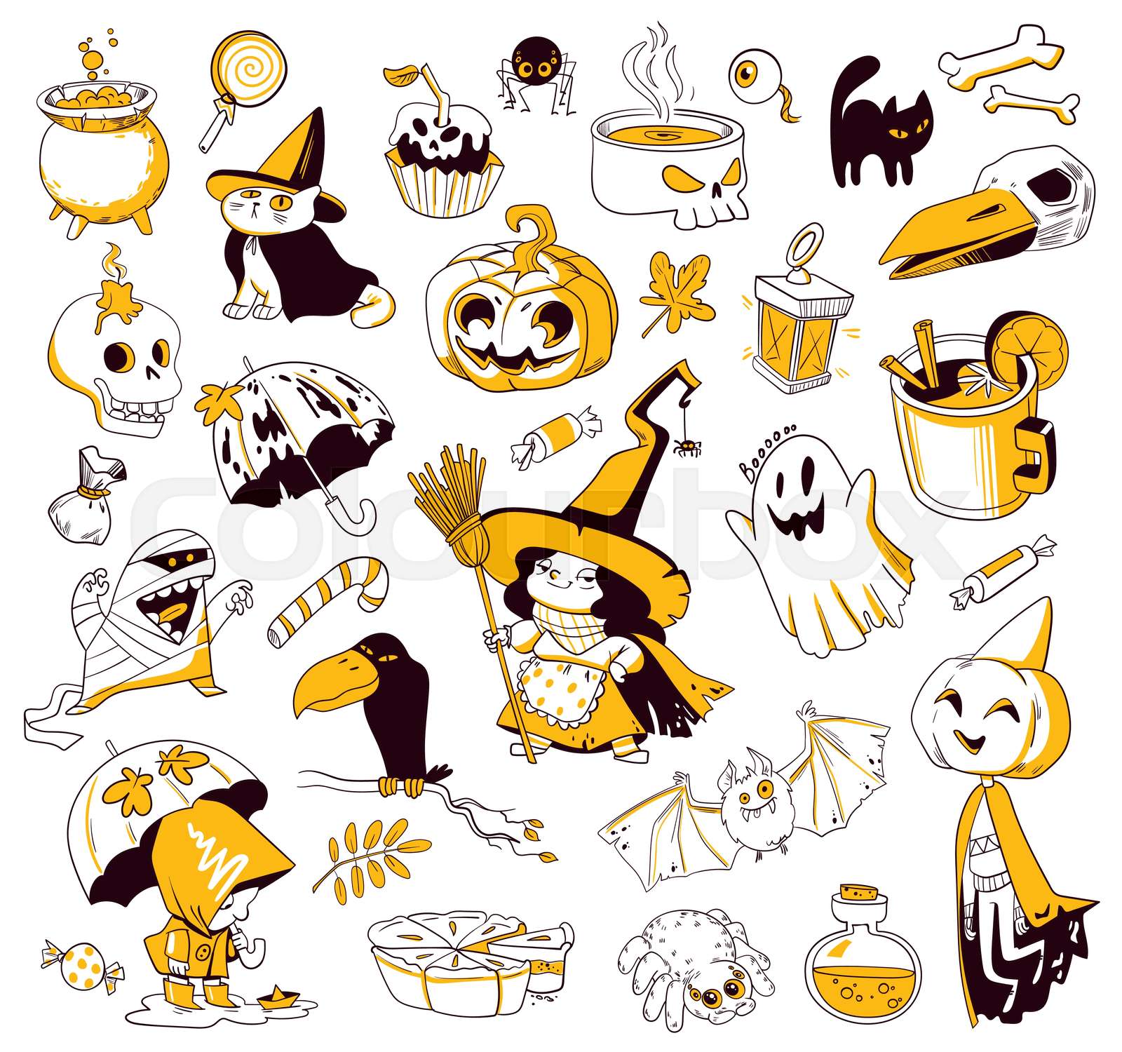Collection halloween and magic elements. Big set of horror hand drawn ...