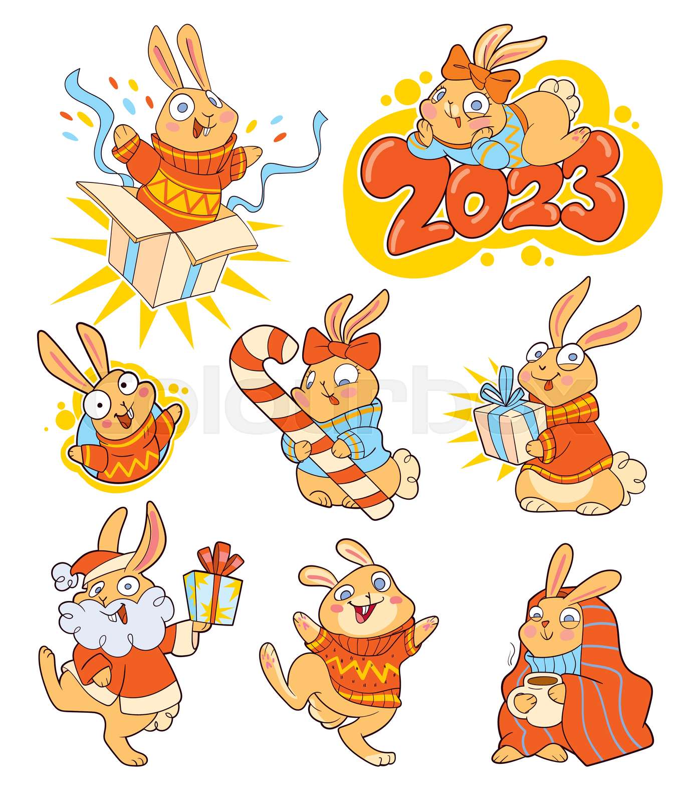 Group of rabbits celebrating New Year. Colorful cartoon characters ...
