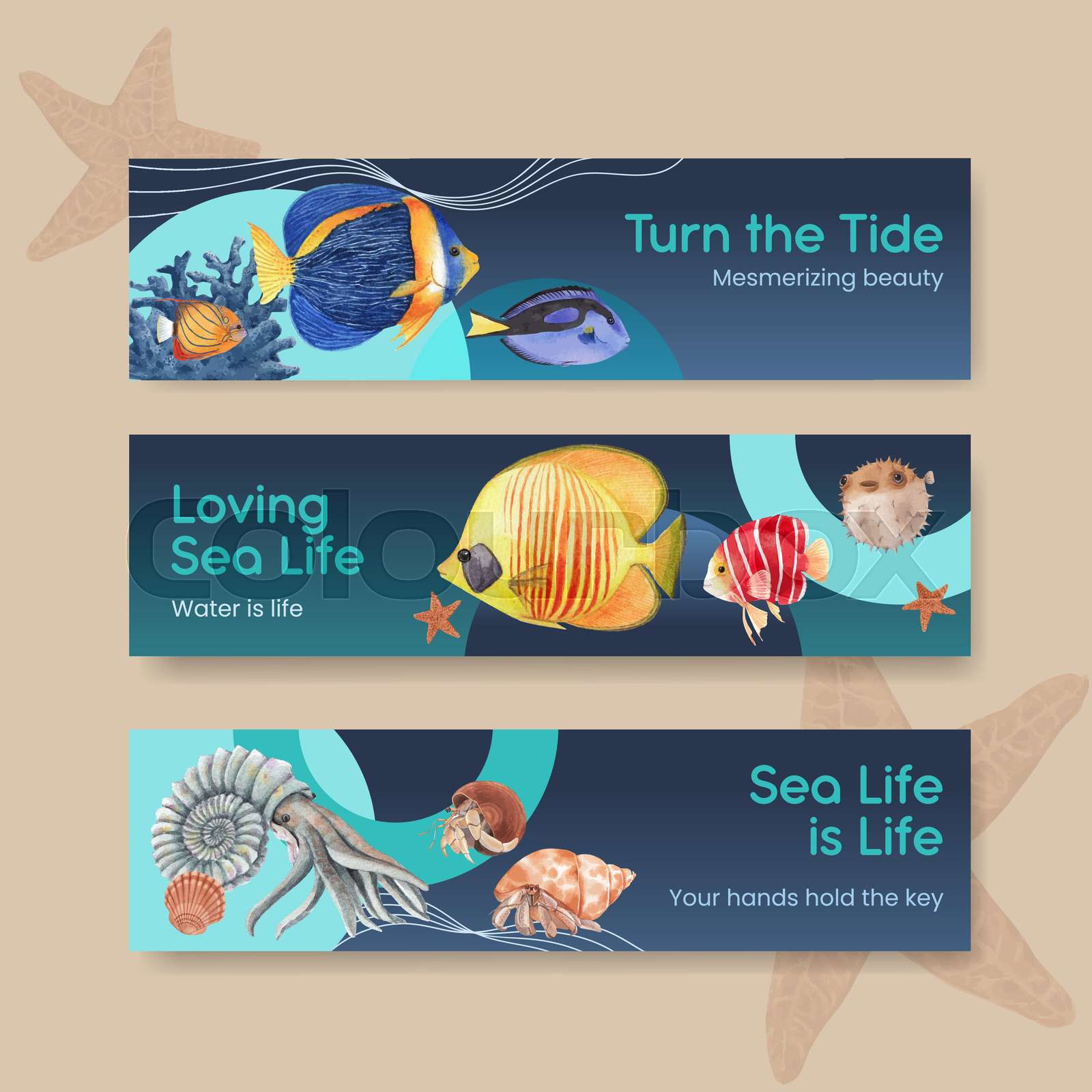 Banner with sea life concept design watercolor vector illustration ...