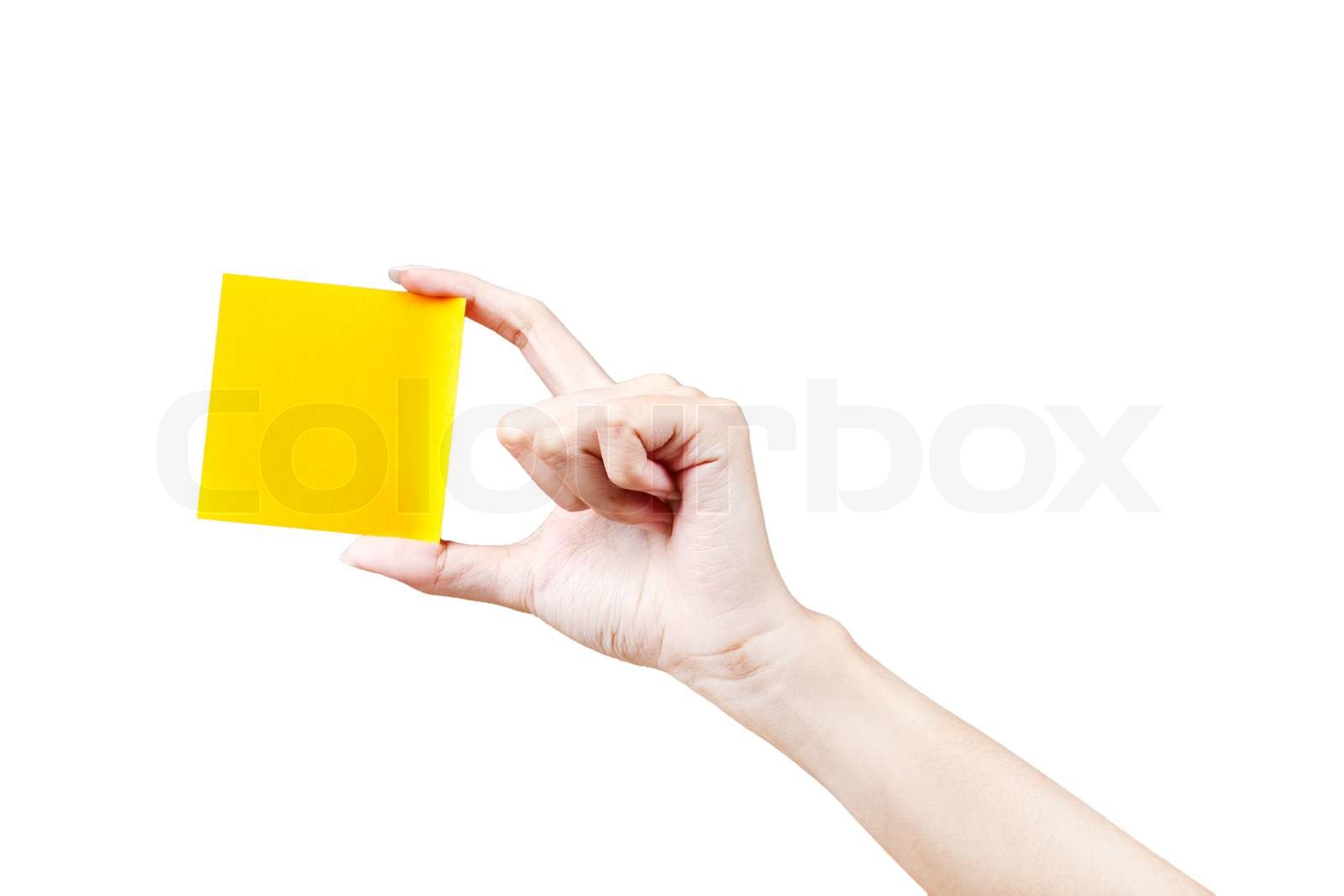 Hand and Post-it isolated on white | Stock image | Colourbox
