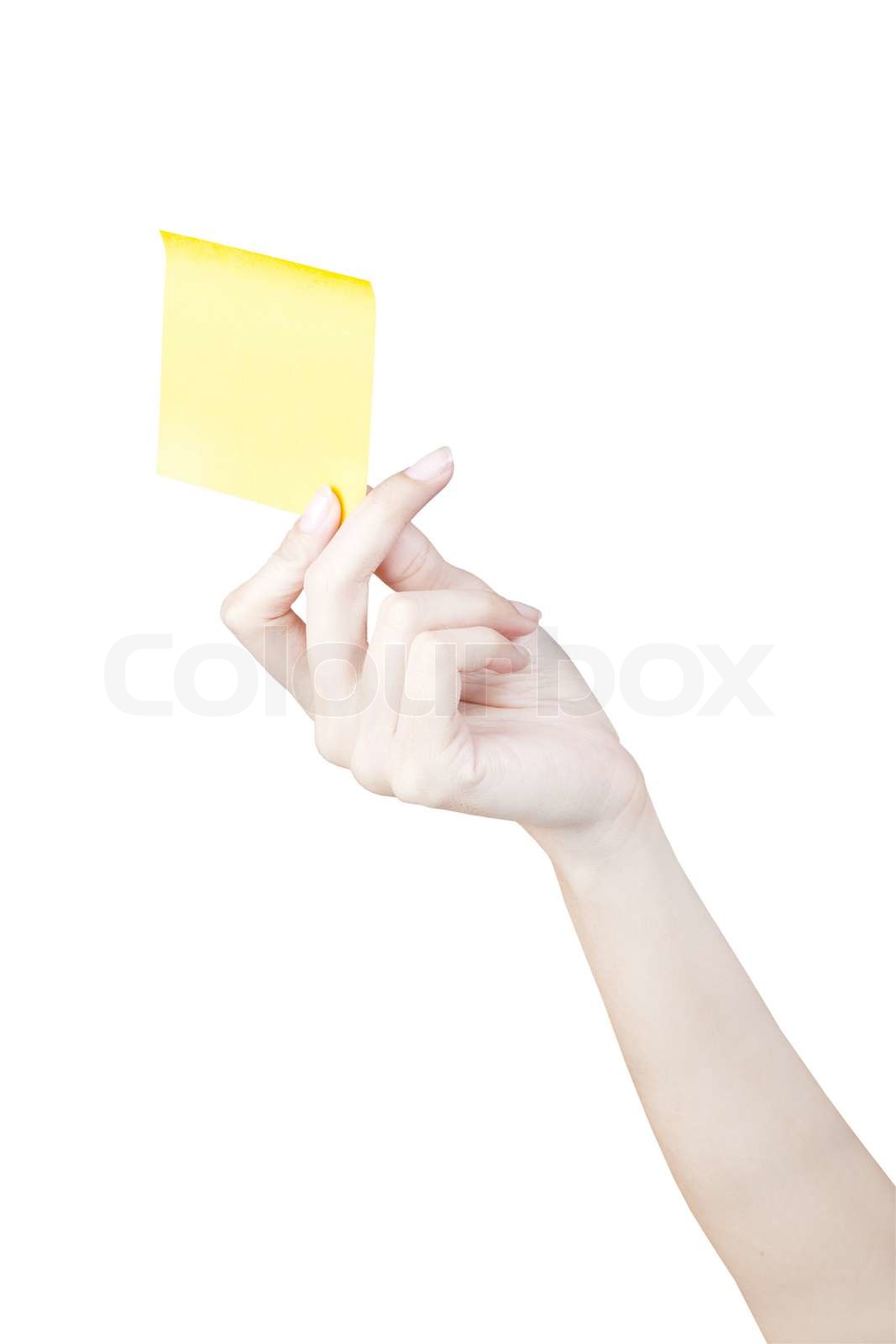 Hand and Post-it isolated on white | Stock image | Colourbox
