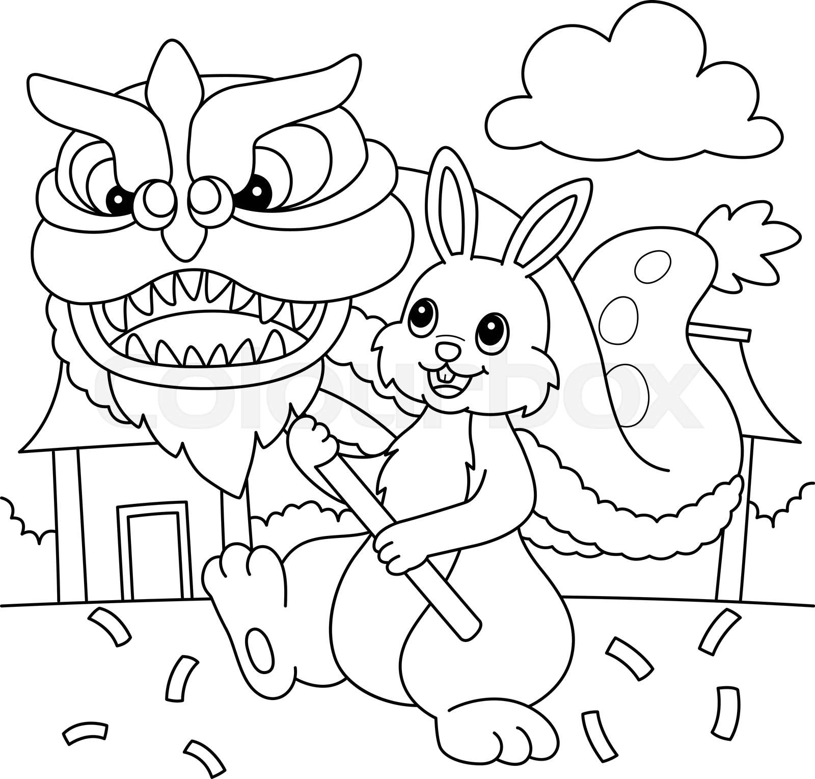 Rabbit Dragon Dancing Coloring Page for Kids | Stock vector | Colourbox