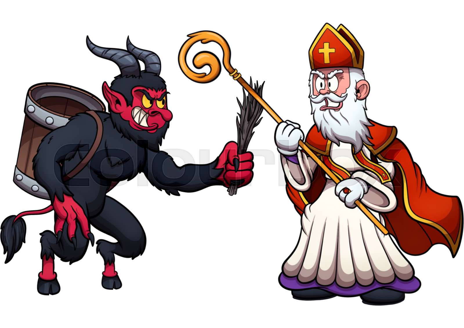 Saint Nicholas VS Krampus. Vector clip art illustration with simple ...