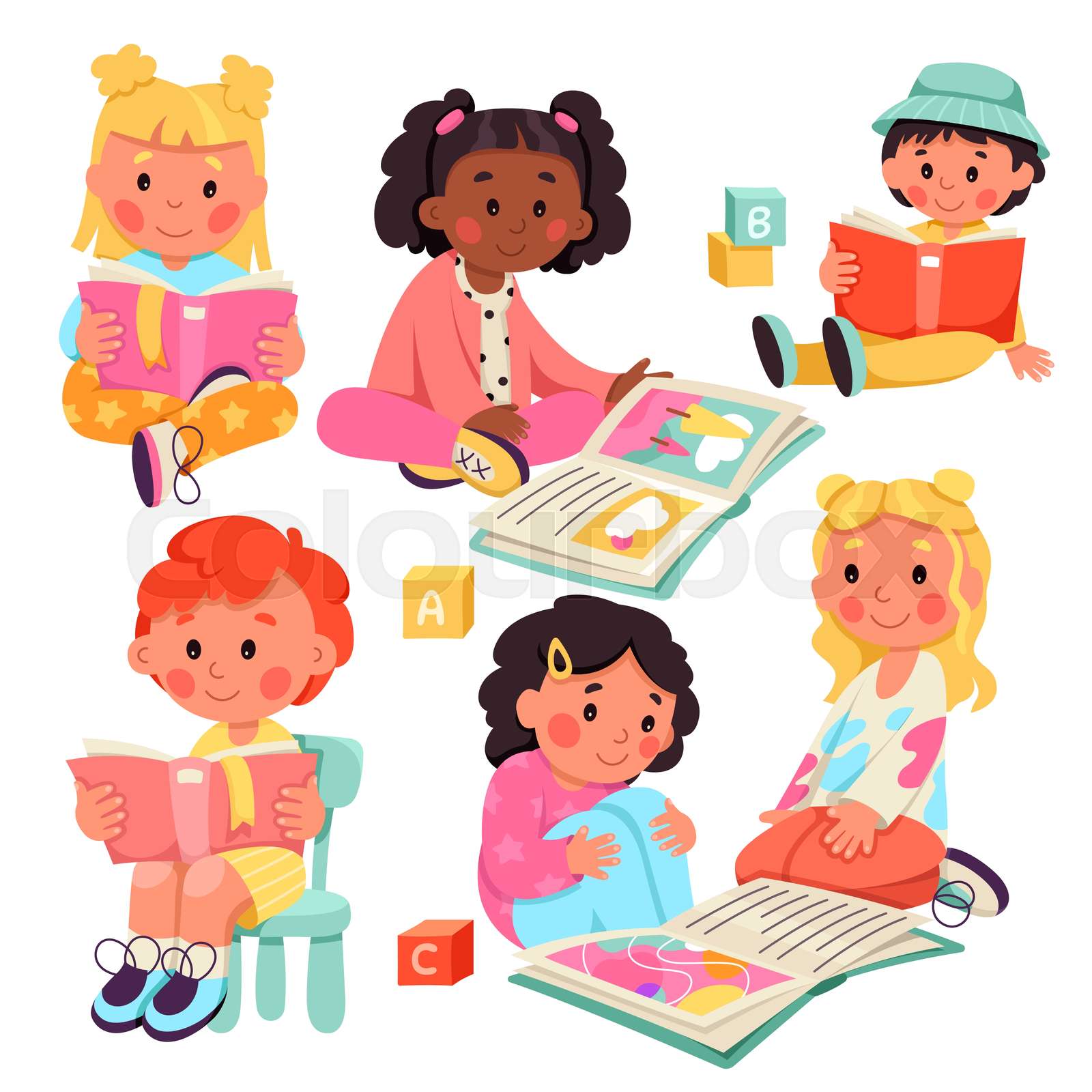 Cartoon isolated happy children study with fun, preschool students sit ...