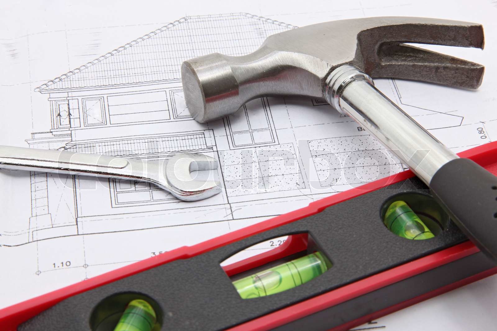 construction tools with house blueprint | Stock image | Colourbox
