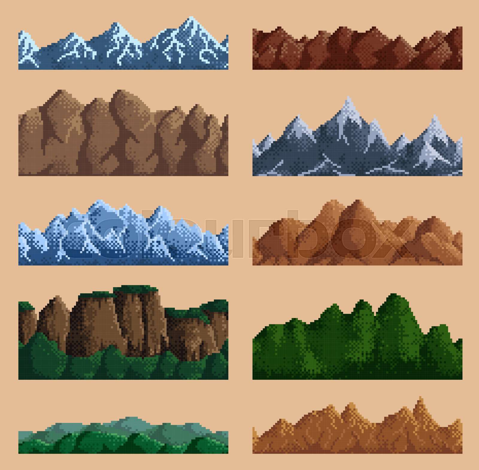 8bit pixel game mountains and hills landscape | Stock vector | Colourbox