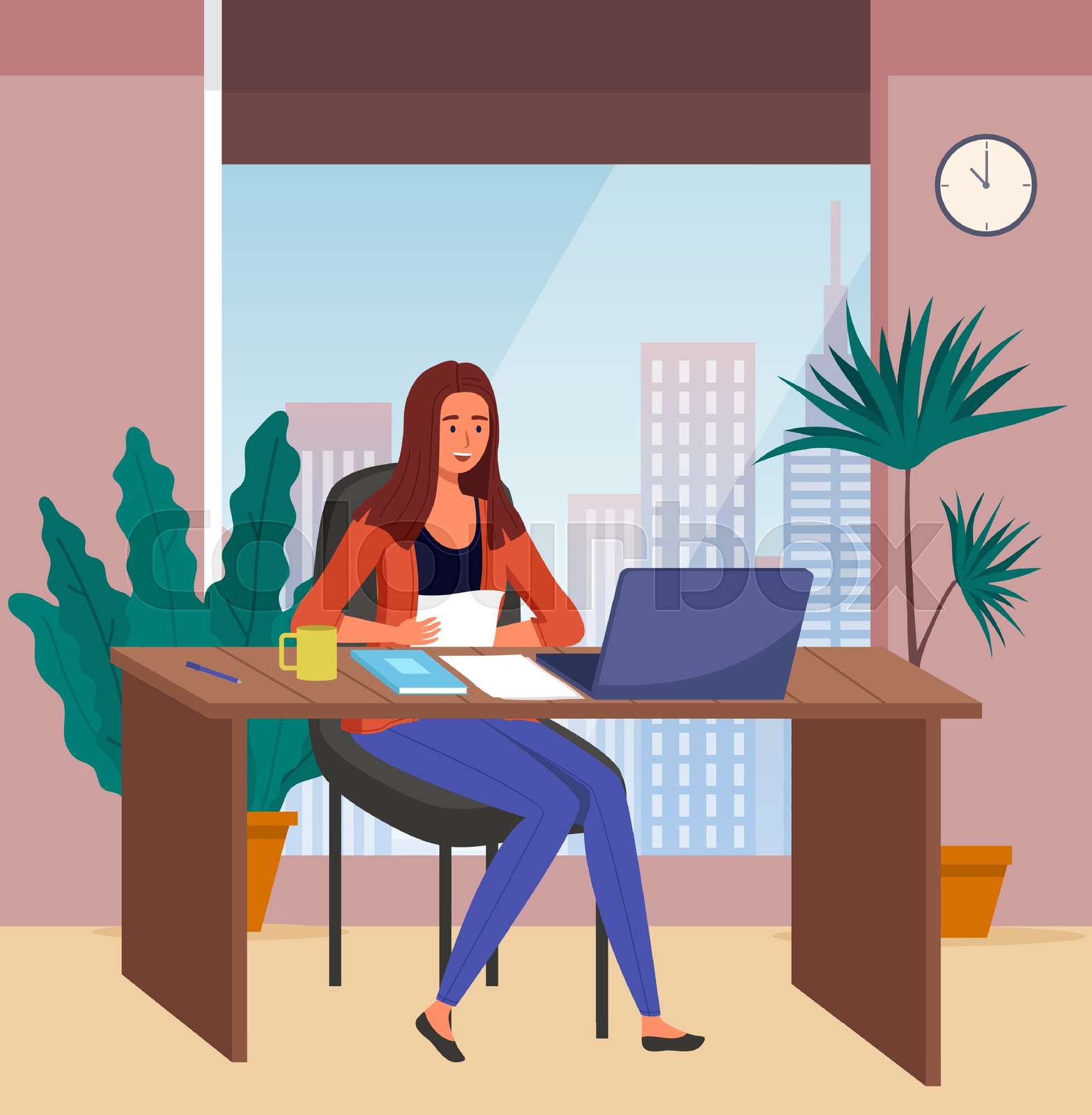 Woman At Desk Cartoon