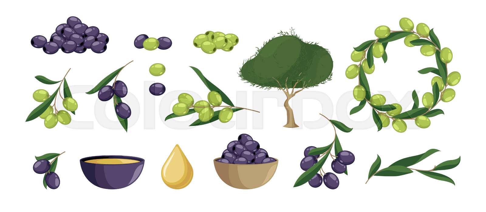 Cartoon olive set. Organic natural green and black products ...