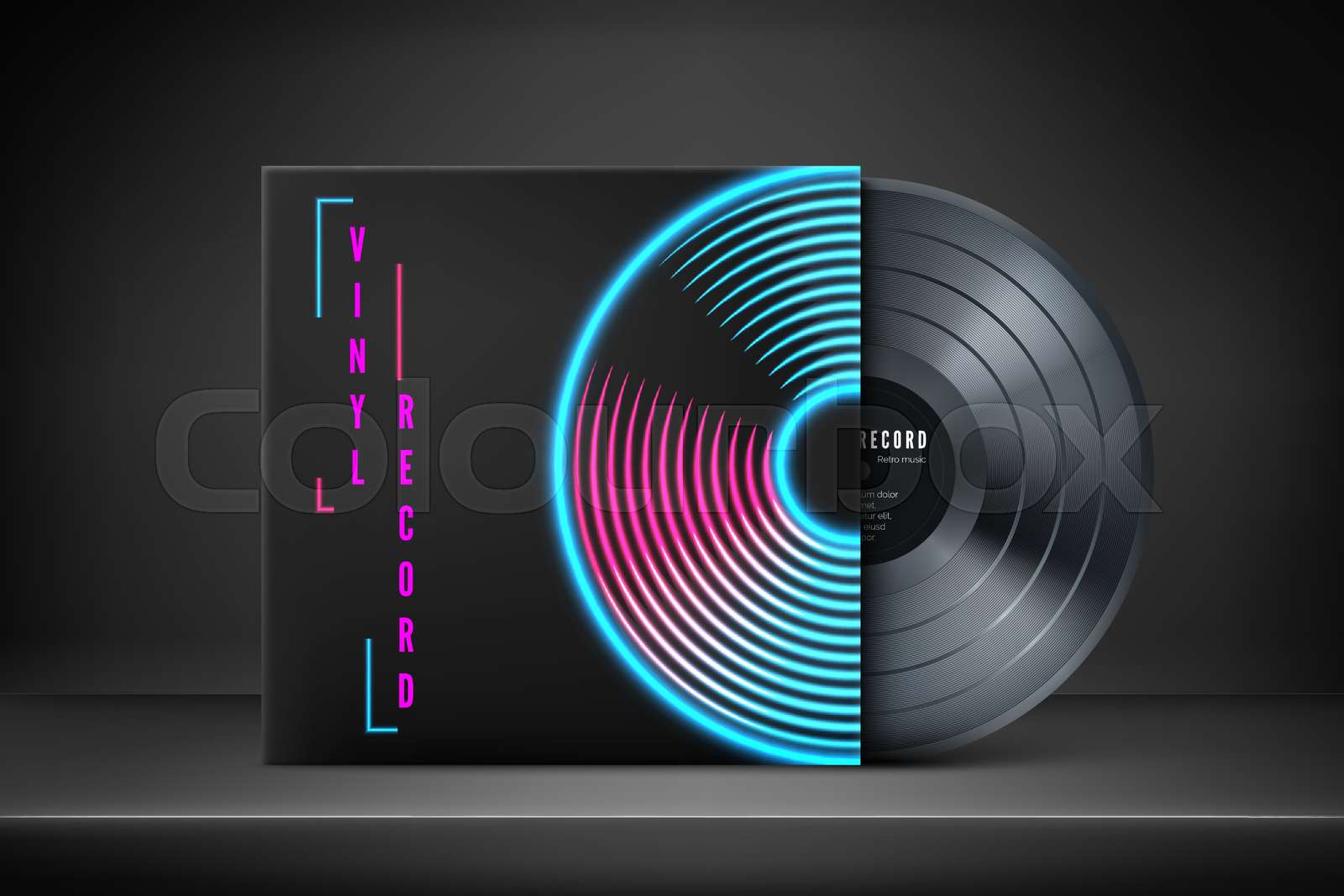 Mock up of vinyl record cover in retro neon colors. Old music album ...
