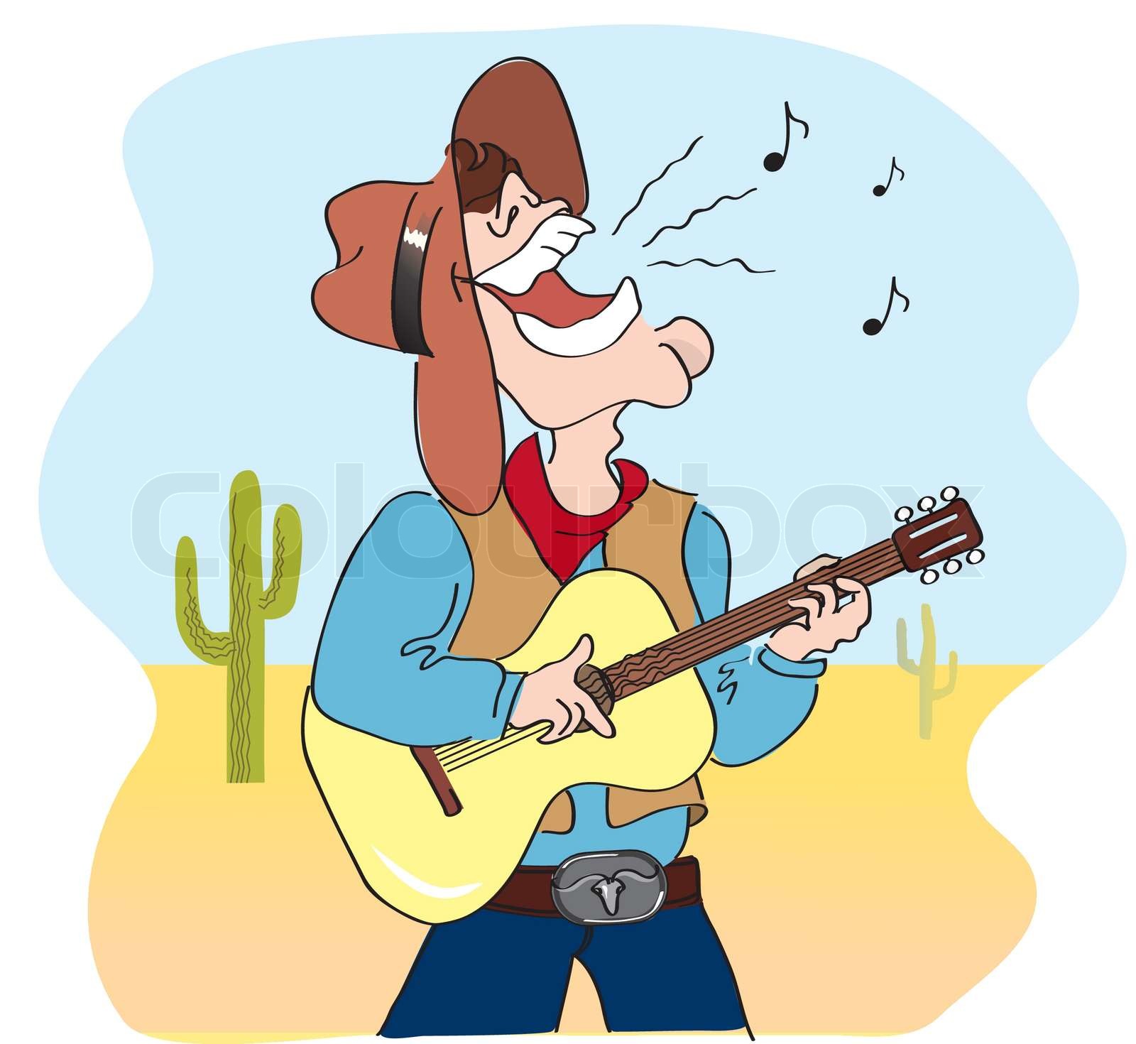 Singing Cowboy Vector Comic- Cartoons Mann in Hut und spielen eine ...