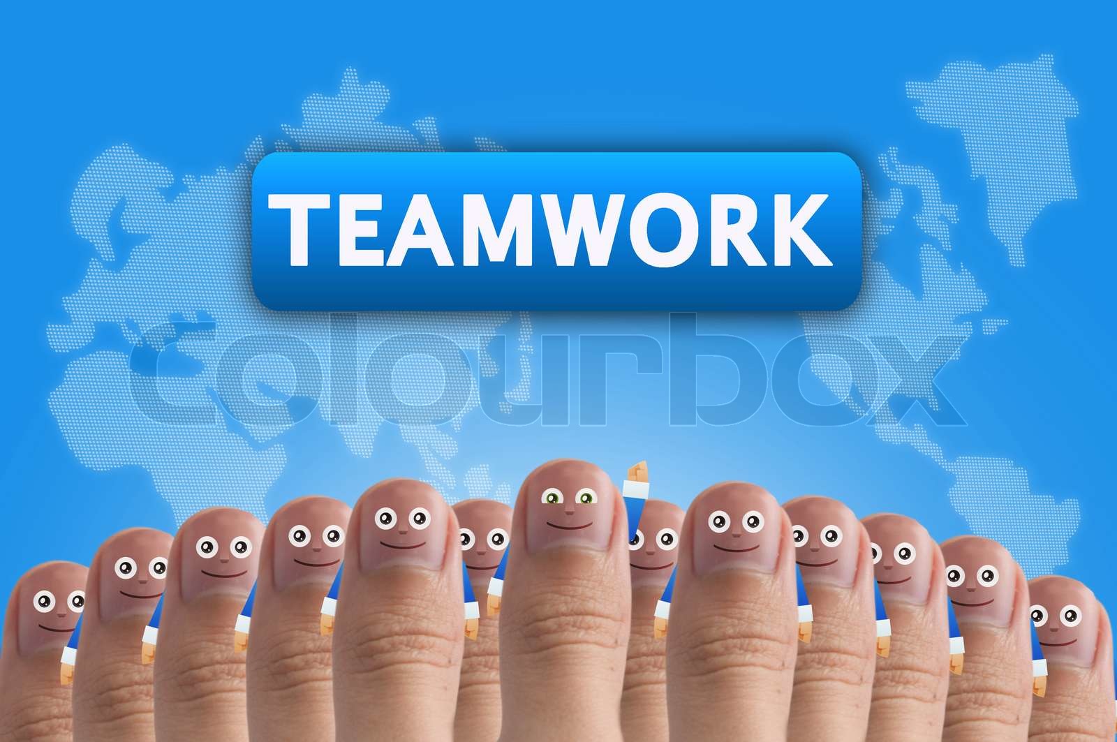 Smilende tegneserie ansigt på menneskelig tommelfinger op på baggrund ...