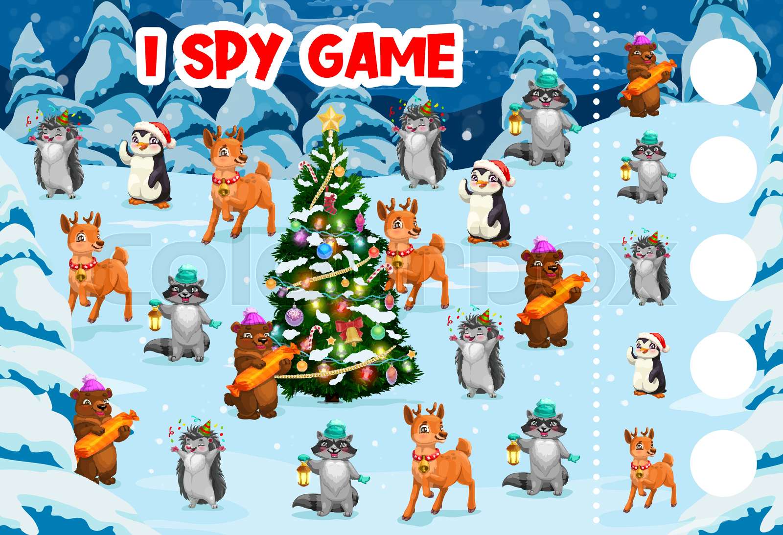 Christmas I spy game, cartoon animals on holiday | Stock vector | Colourbox