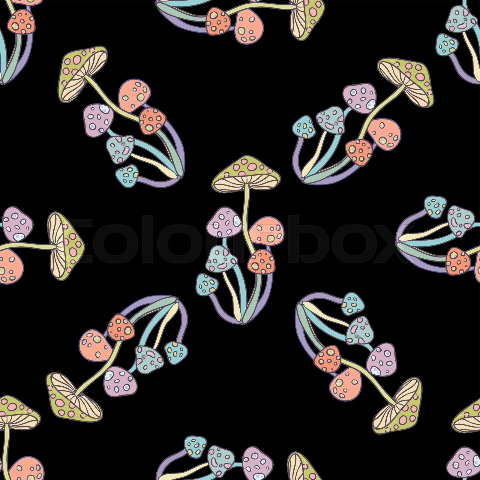 Magic mushrooms seamless pattern. Psychedelic hallucination. 60s hippie ...
