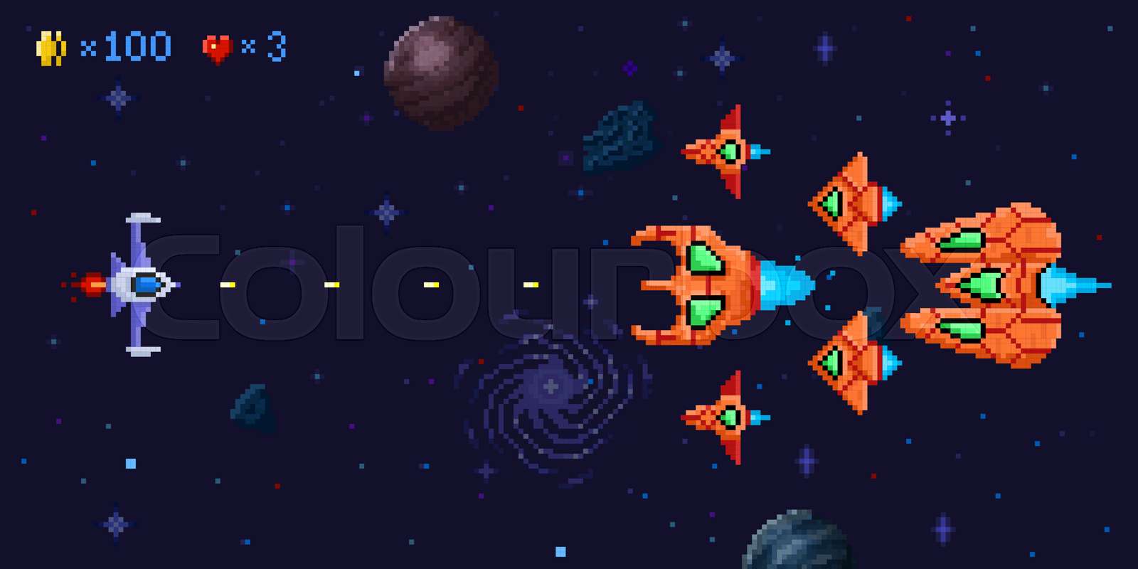 Space battle arcade game level. Pixel art galactic battle, defender ...
