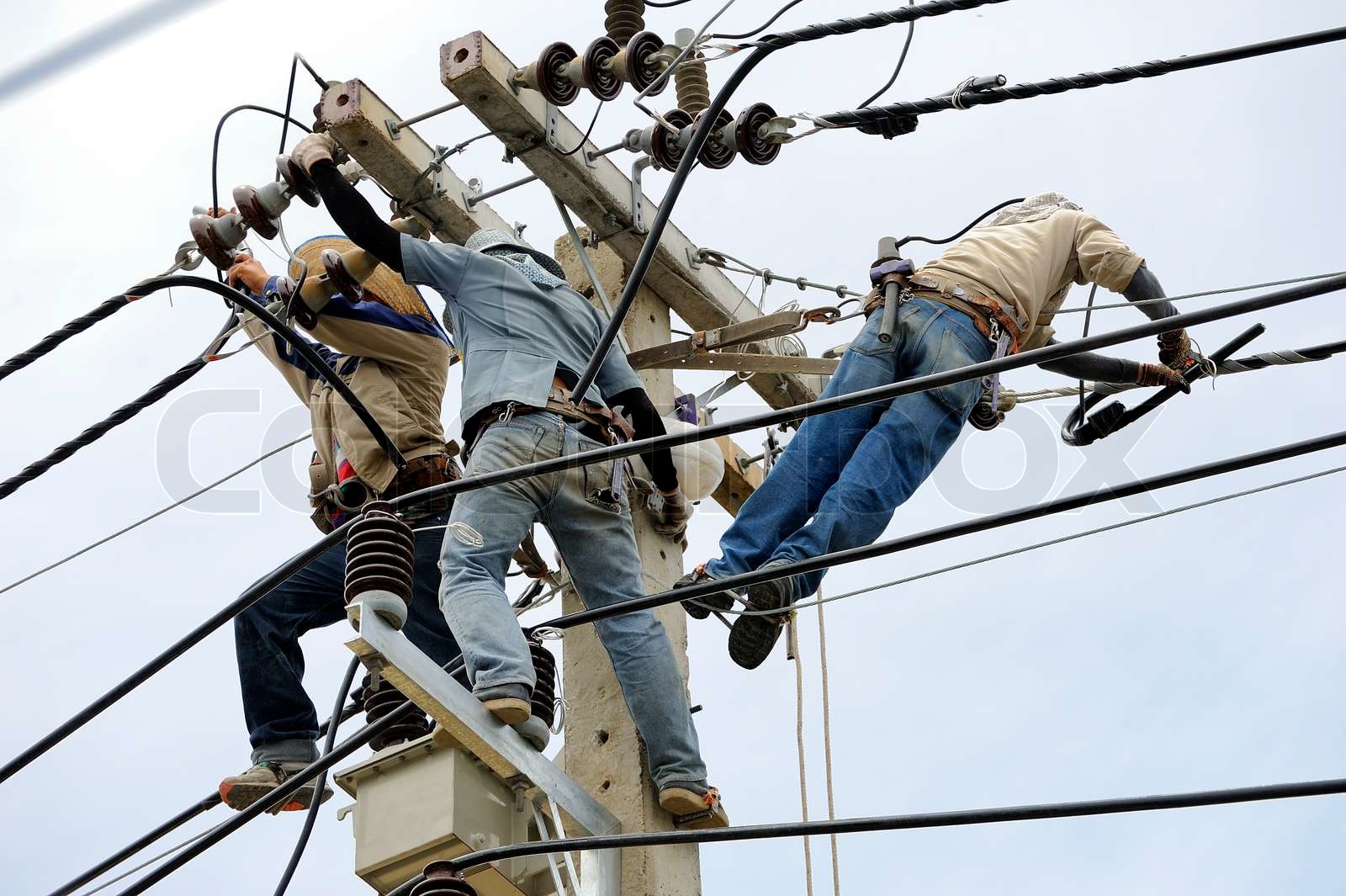 Team work electrician men on electric poles | Stock image | Colourbox