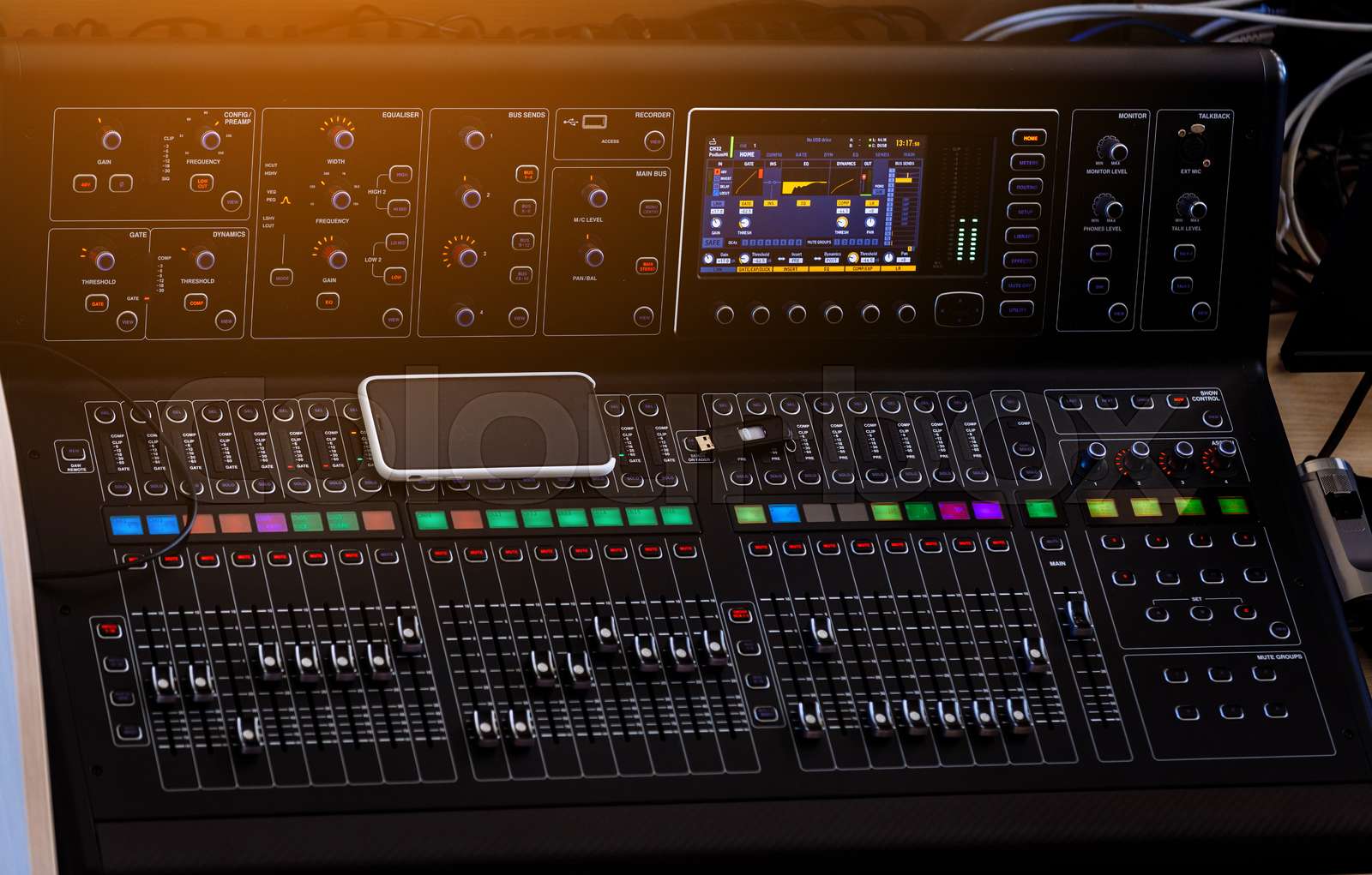 Concert sound mixer panel with volume regulators. Professional audio ...