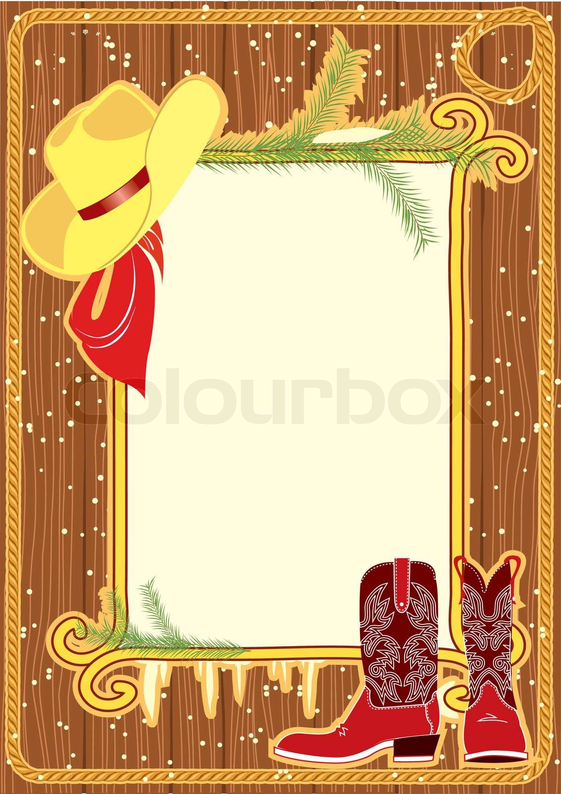 Billboard frame with cowboy hat and boots on wood wall | Stock vector ...