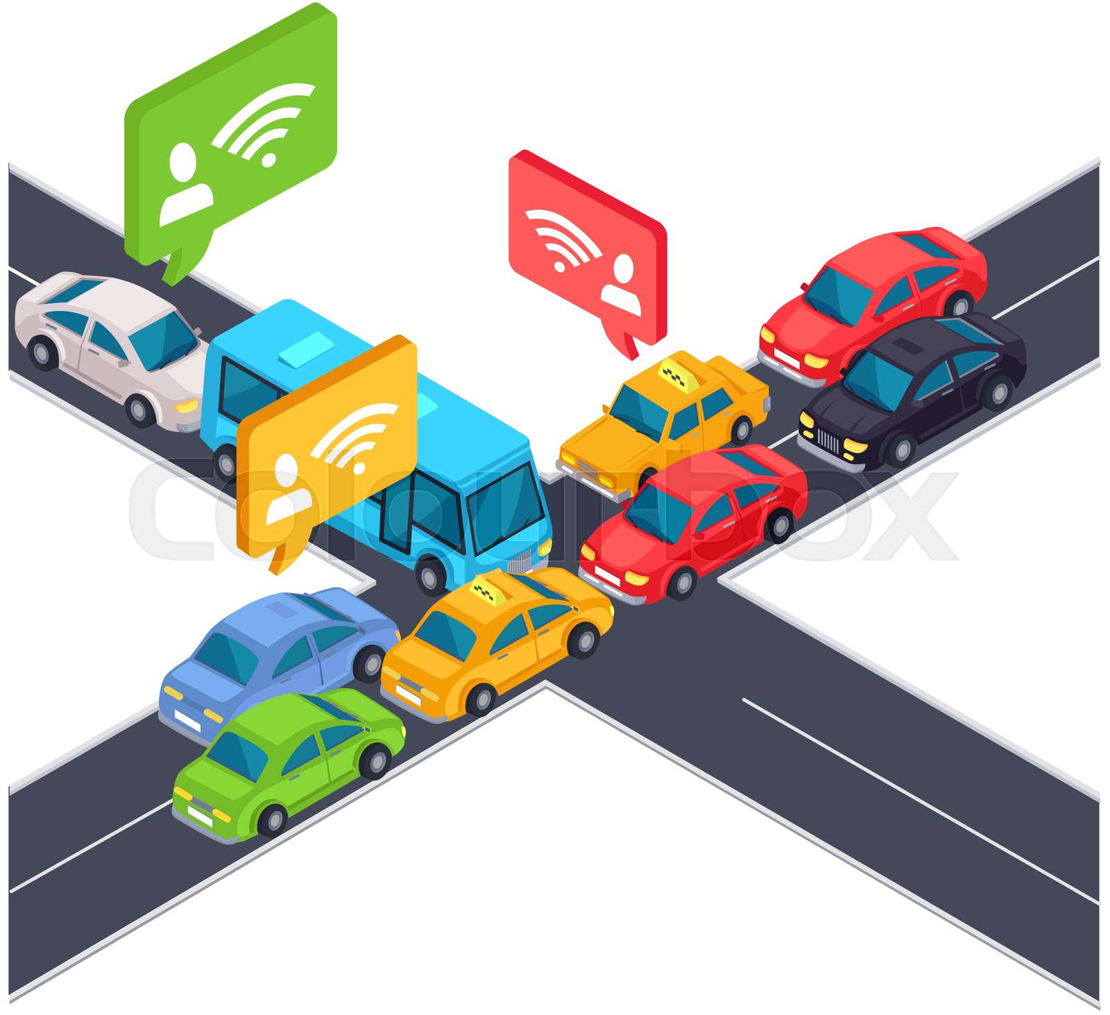 Crossroad street with cars in traffic jam, accident. Intersection with ...