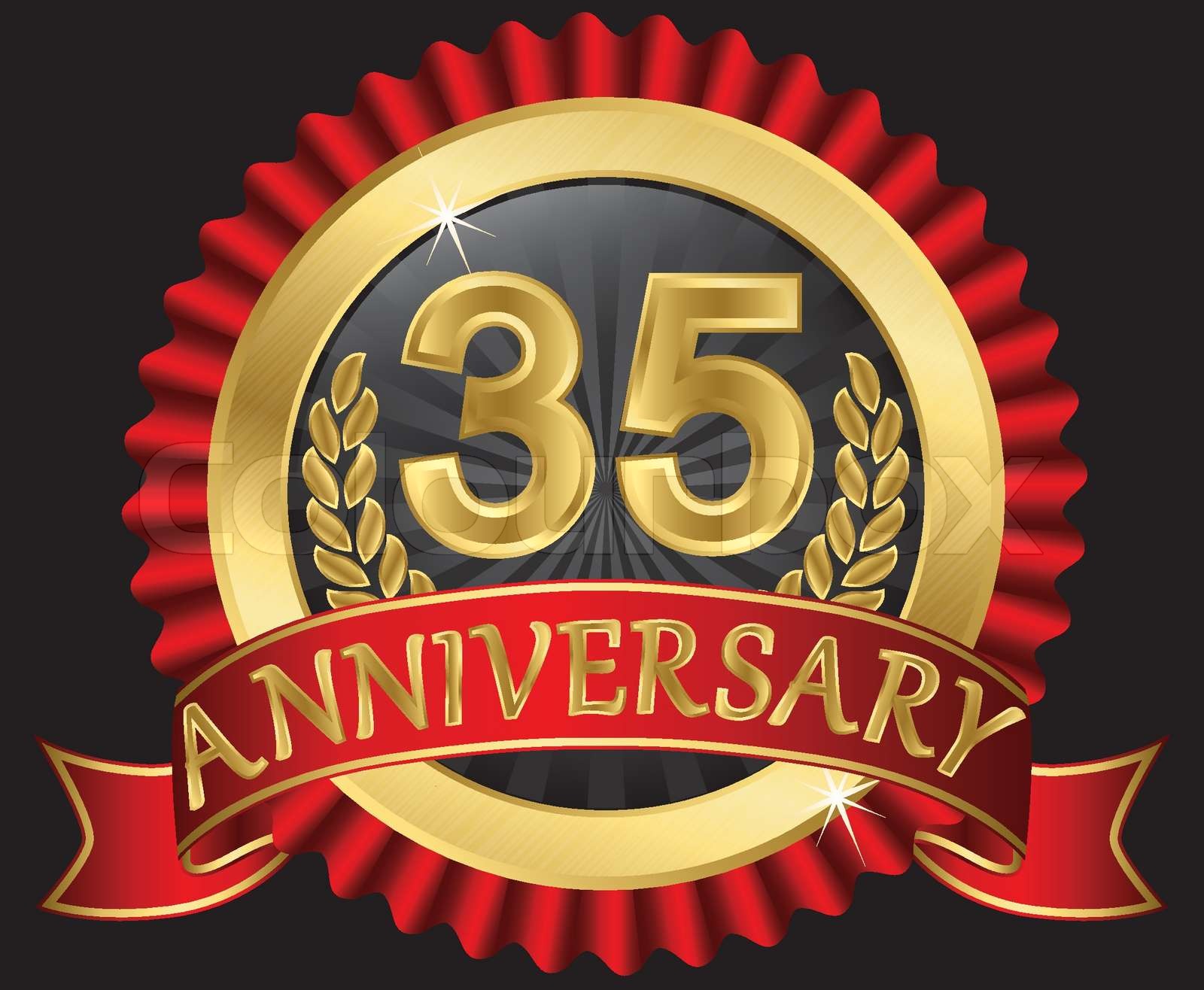 35 years anniversary golden label with ribbons, vector illustration ...