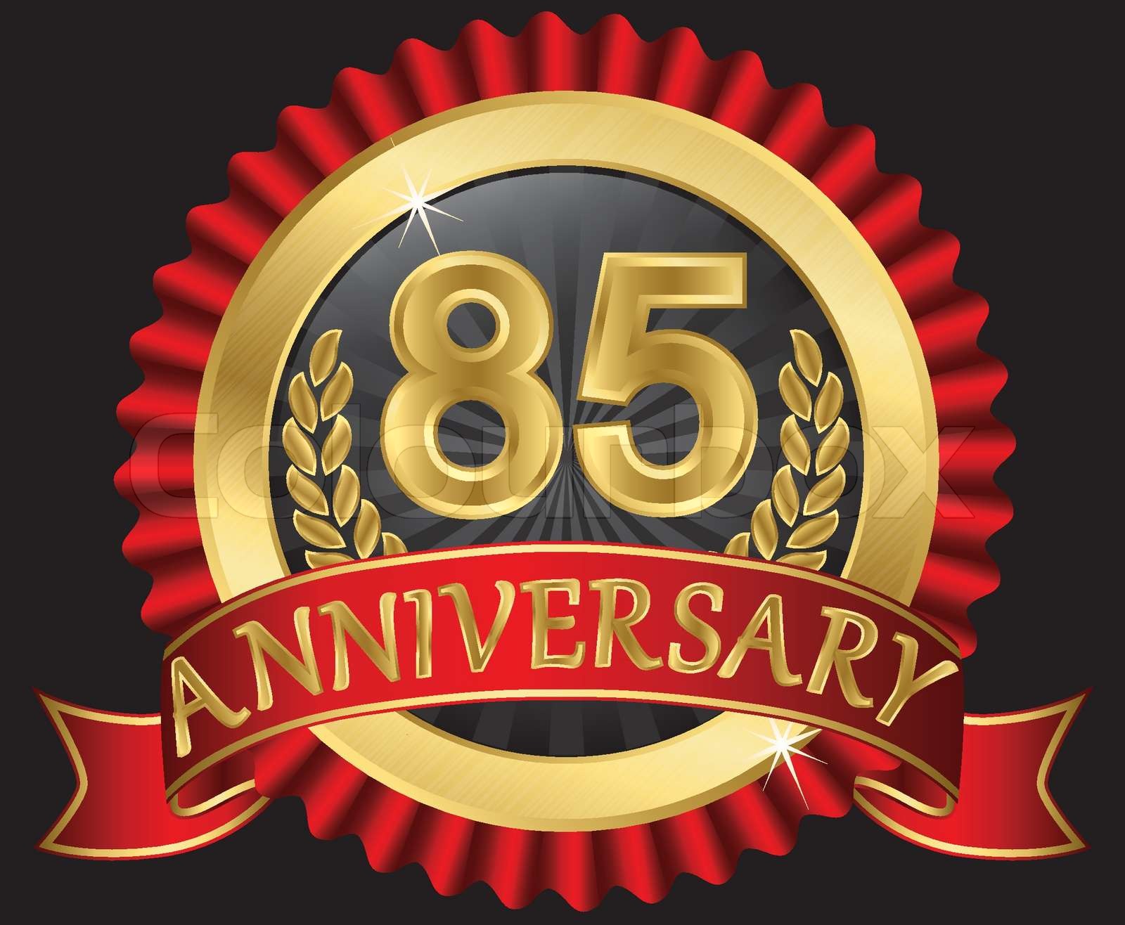 85 years anniversary golden label with ribbons, vector illustration ...