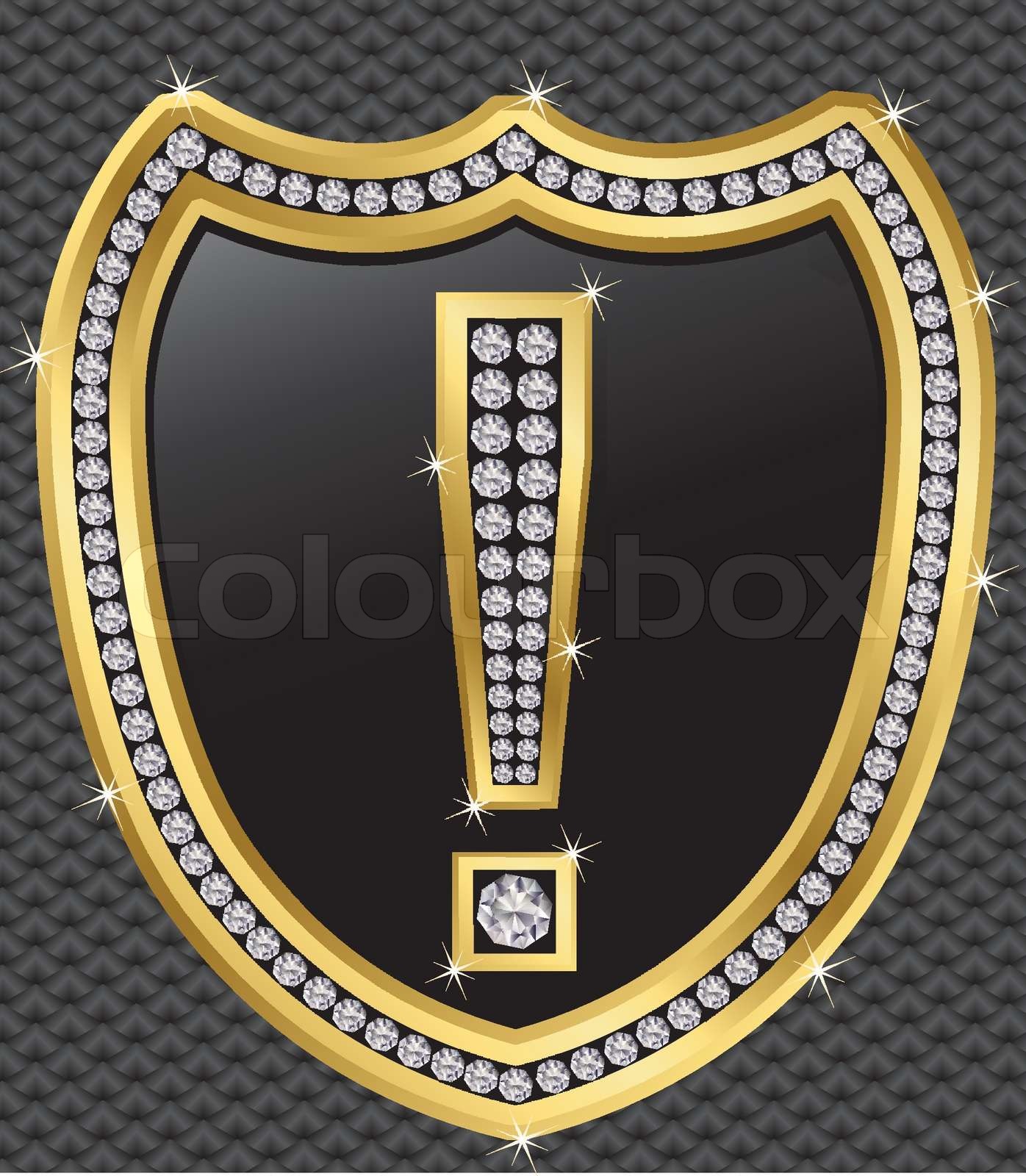 Protection shield with exclamation mark,golden with diamonds, vector ...