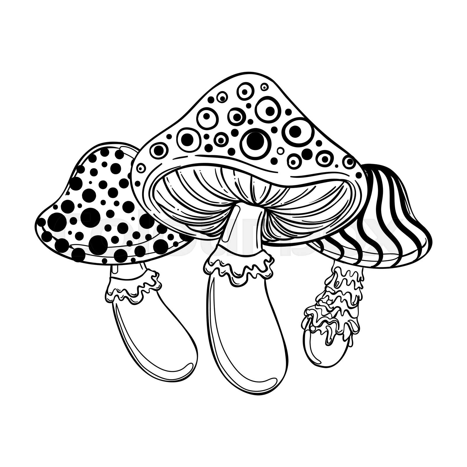 Magic mushrooms. Psychedelic hallucination. Outline vector illustration ...