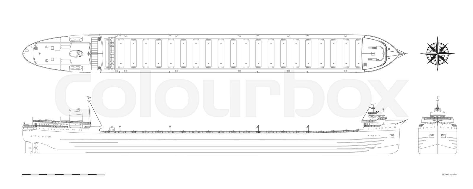 Outline cargo ship blueprint. Front, side and top industrial views of ...