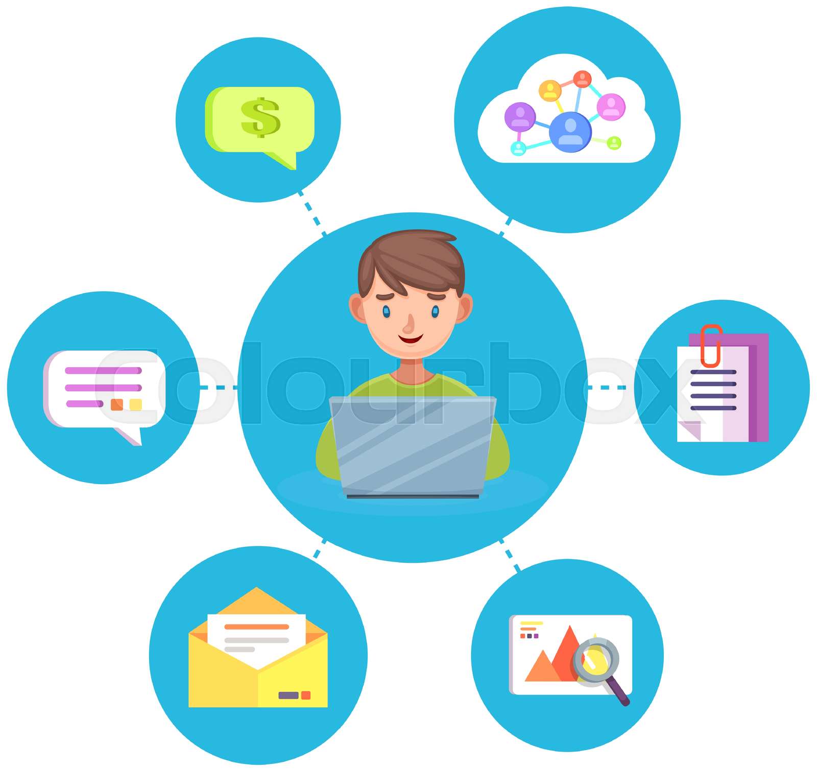 Boy posting and commenting on social network. Online communication and ...