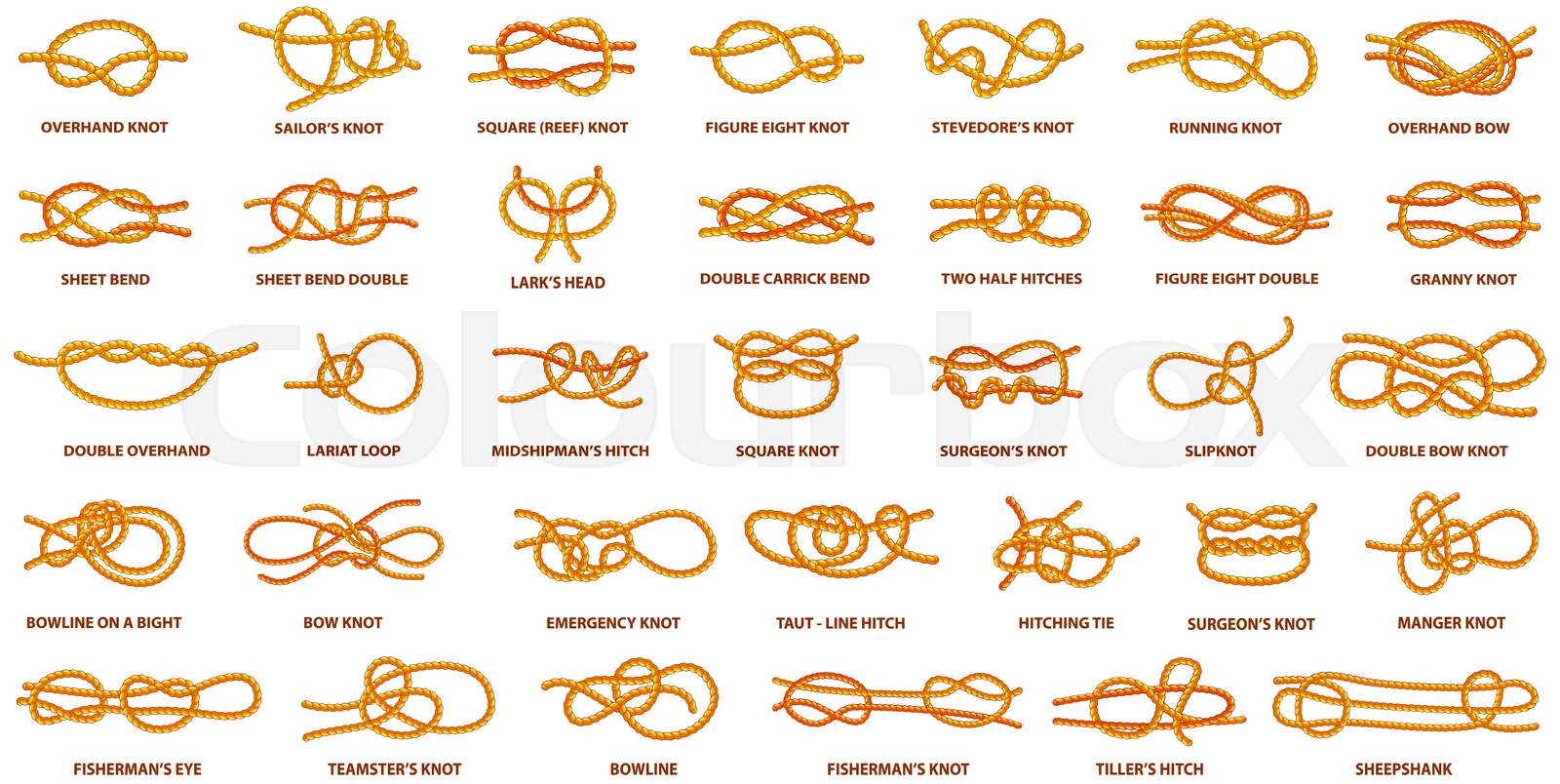 Yellow nautical rope knot, interweaving of ropes, cables, tapes or ...